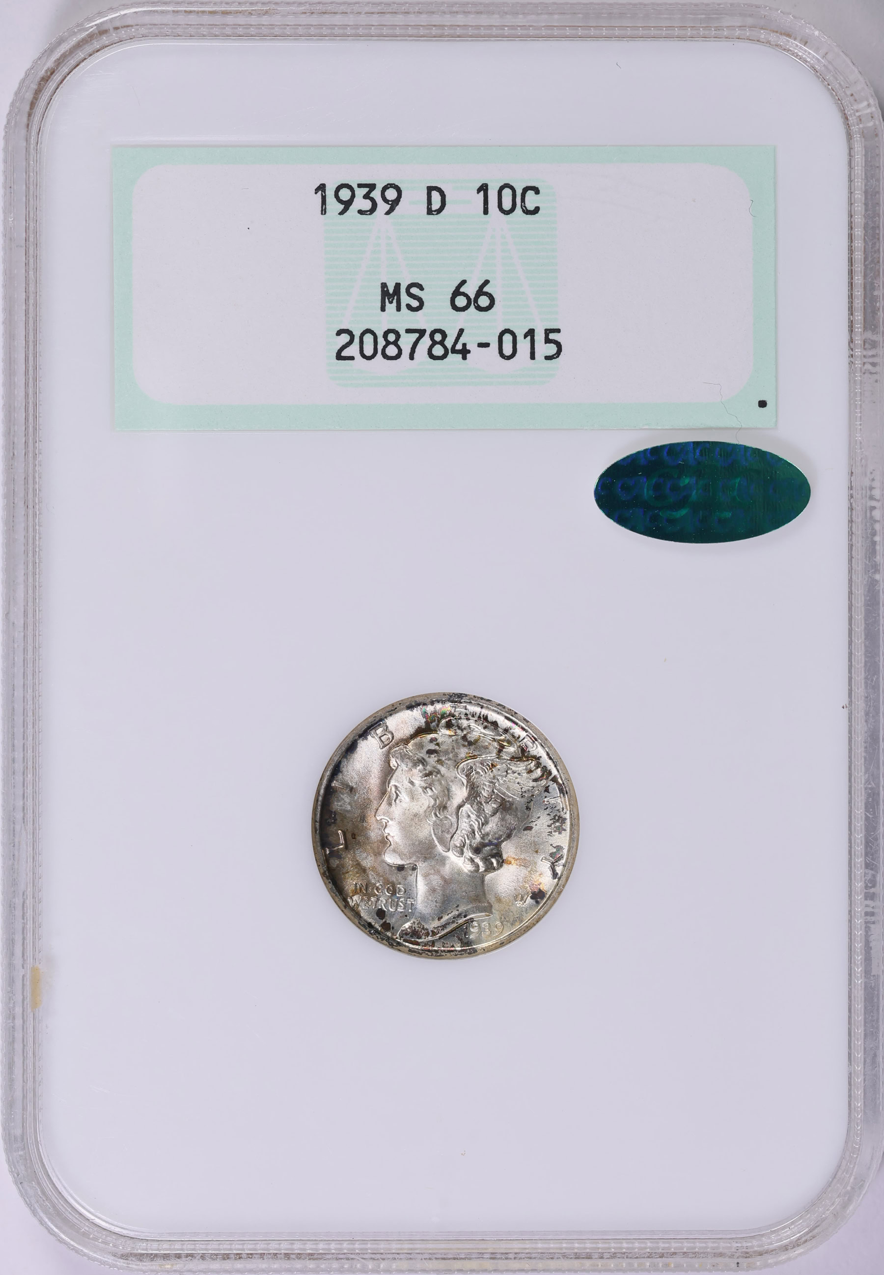1939-D Mercury Dime NGC MS-66 (CAC Green) OH (Toned) (Item 1900804) | GreatCollections Coin Auctions
