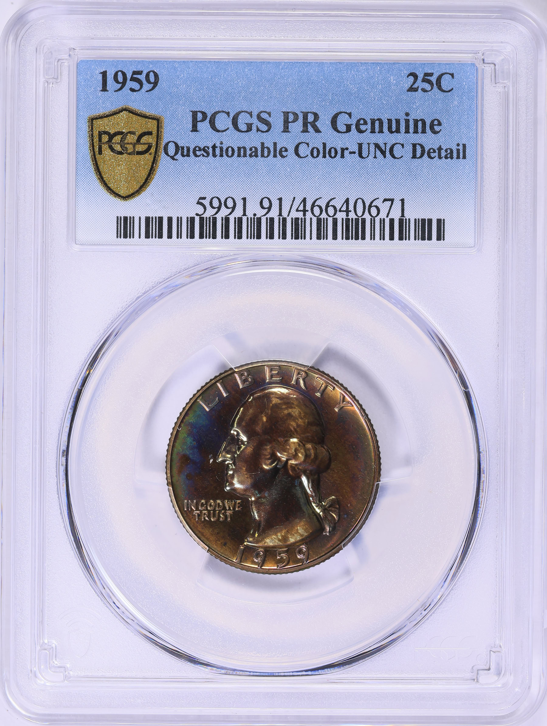 1959 Washington Quarter PCGS Proof Genuine Unc Details (Art. Toned ...