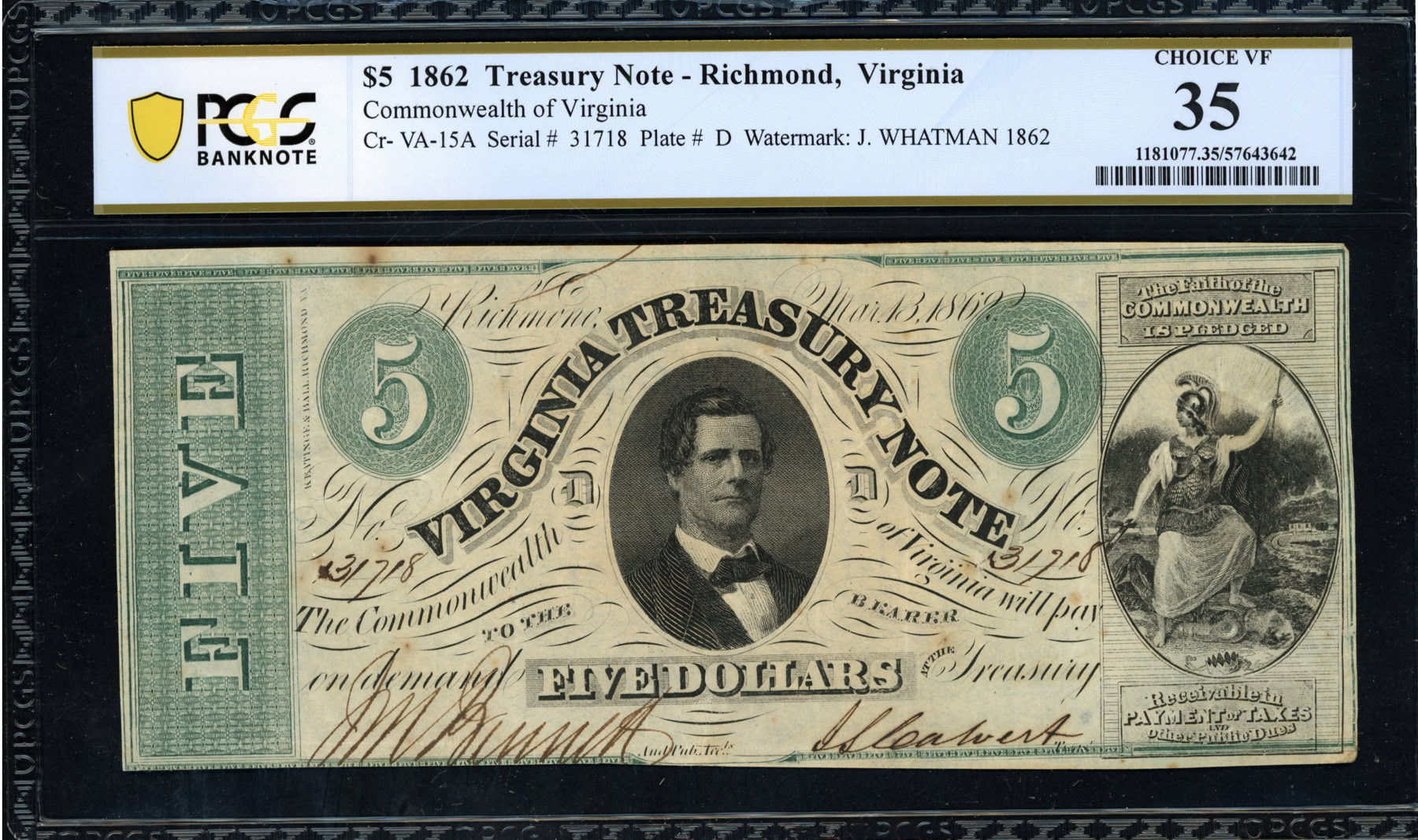 1862 Richmond, Virginia $5 Virginia Treasury Note PCGS Banknote Choice ...