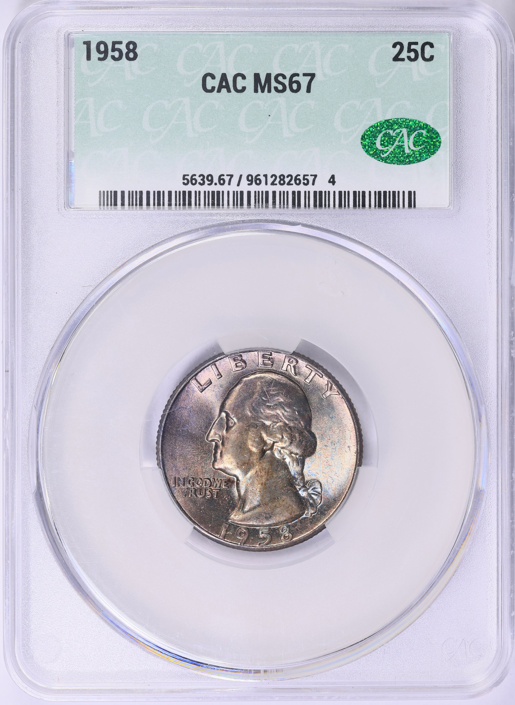 1958 Washington Quarter CACG MS-67 (Toned) (Item 1901256) | GreatCollections Coin Auctions