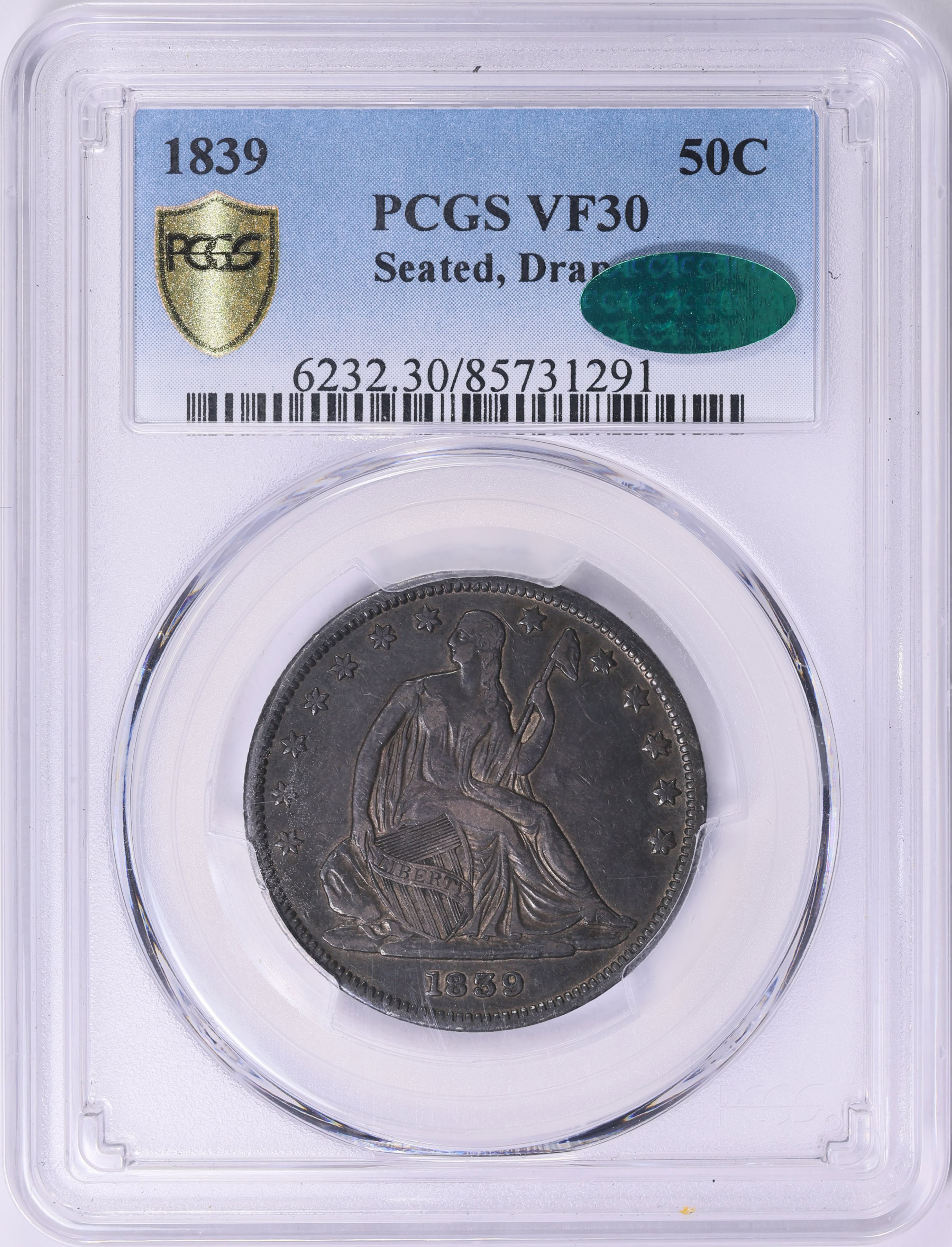 1839 Seated Liberty Half Dollar Drapery PCGS VF-30 (CAC Green) (Item 1901269) | GreatCollections ...