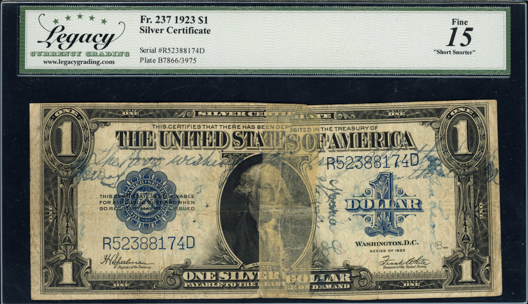 Fr. 237 1923 $1 Silver Certificate Short Snorter Note Speelman / White ...