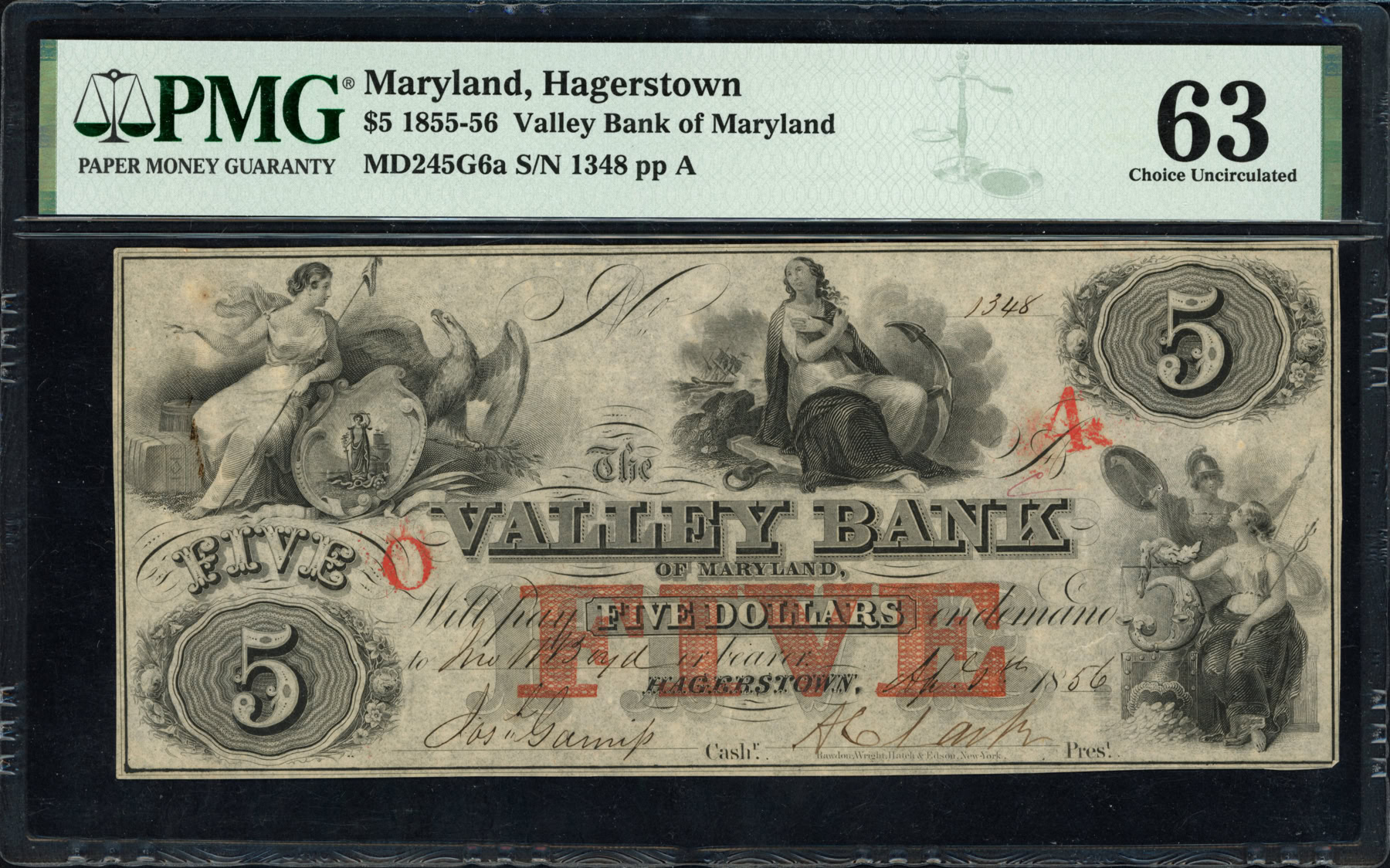 Apr. 10, 1856 Hagerstown, Maryland Valley Bank of Maryland $5 Note PMG ...