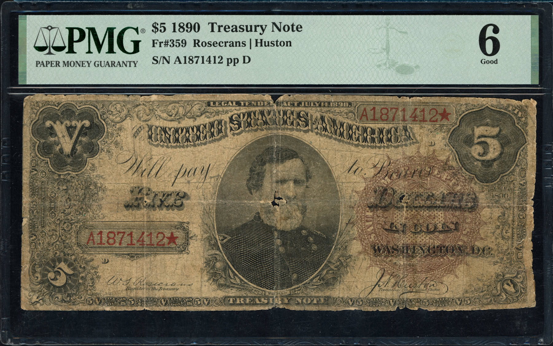 Fr. 359 1890 $5 Treasury Note Rosecrans / Huston PMG Good 06 | PMG Cert ...