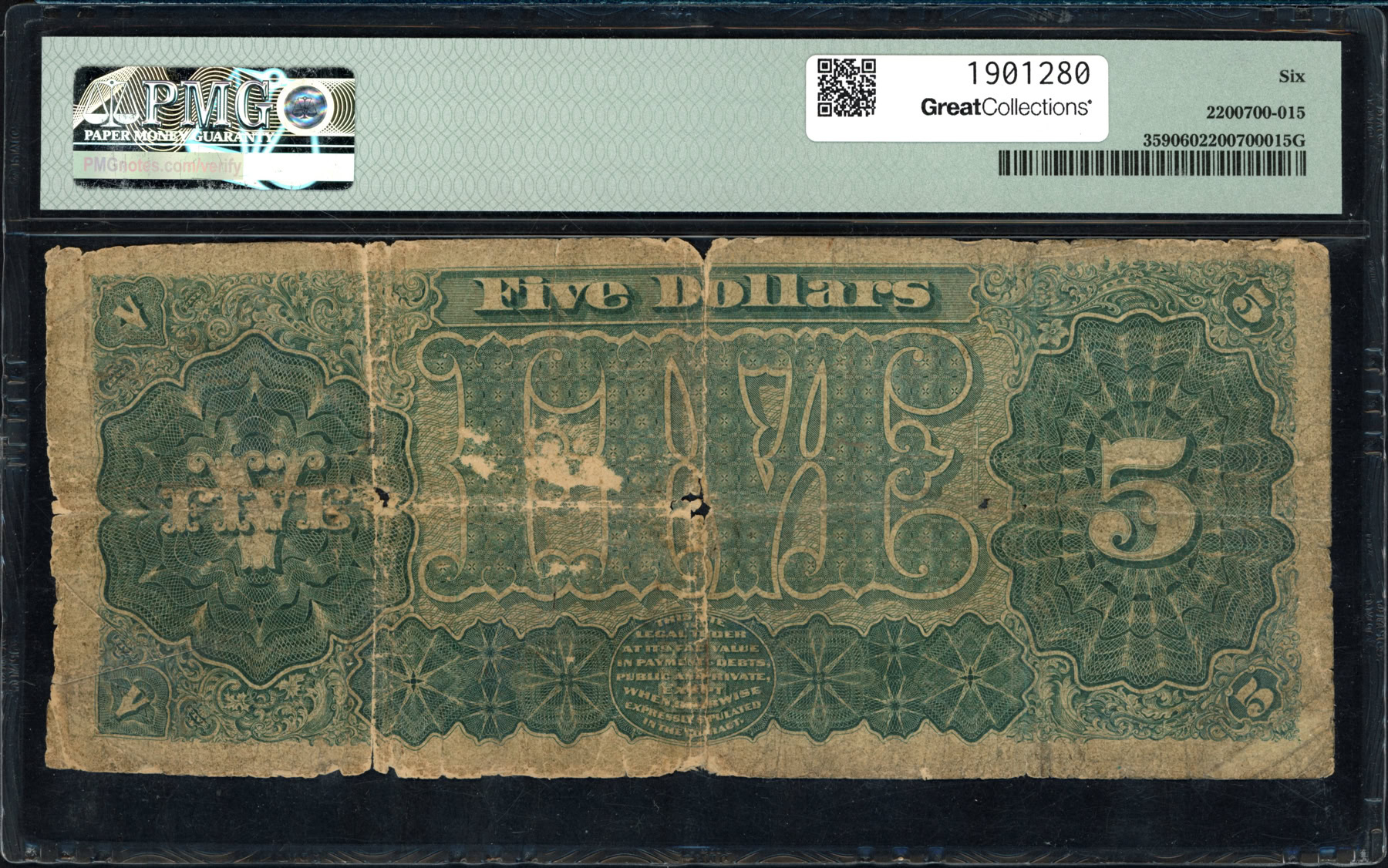 Fr. 359 1890 $5 Treasury Note Rosecrans / Huston PMG Good 06 | PMG Cert ...