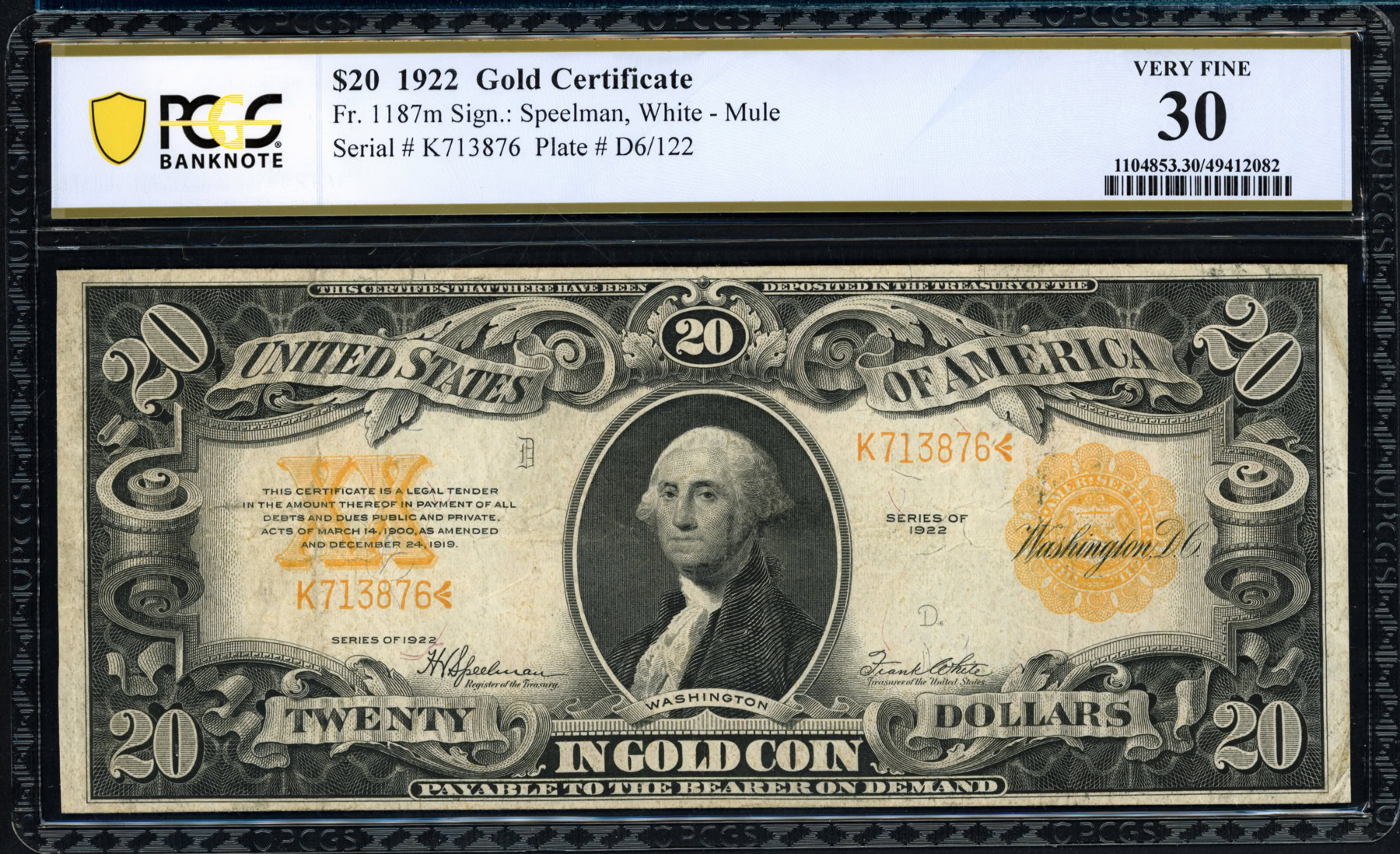 Fr. 1187m 1922 $20 Gold Certificate Mule Note Speelman / White PCGS ...