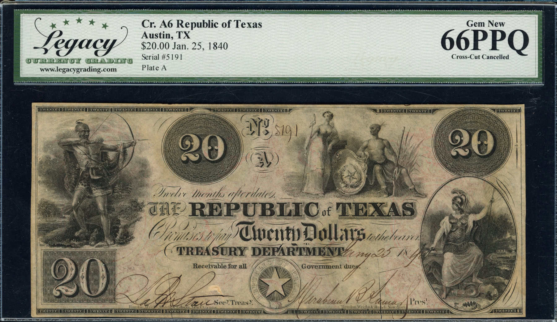 Jan. 25, 1840 Austin, Texas Republic of Texas $20 Note Legacy Gem New ...