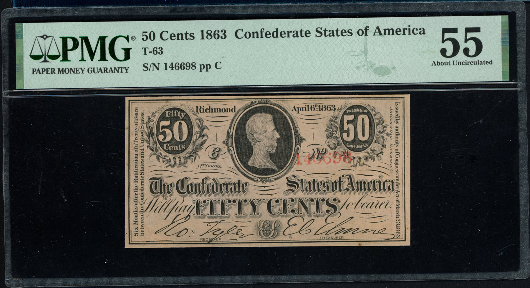 T-63 Confederate States of America 1863 50 Cents Note PMG About ...