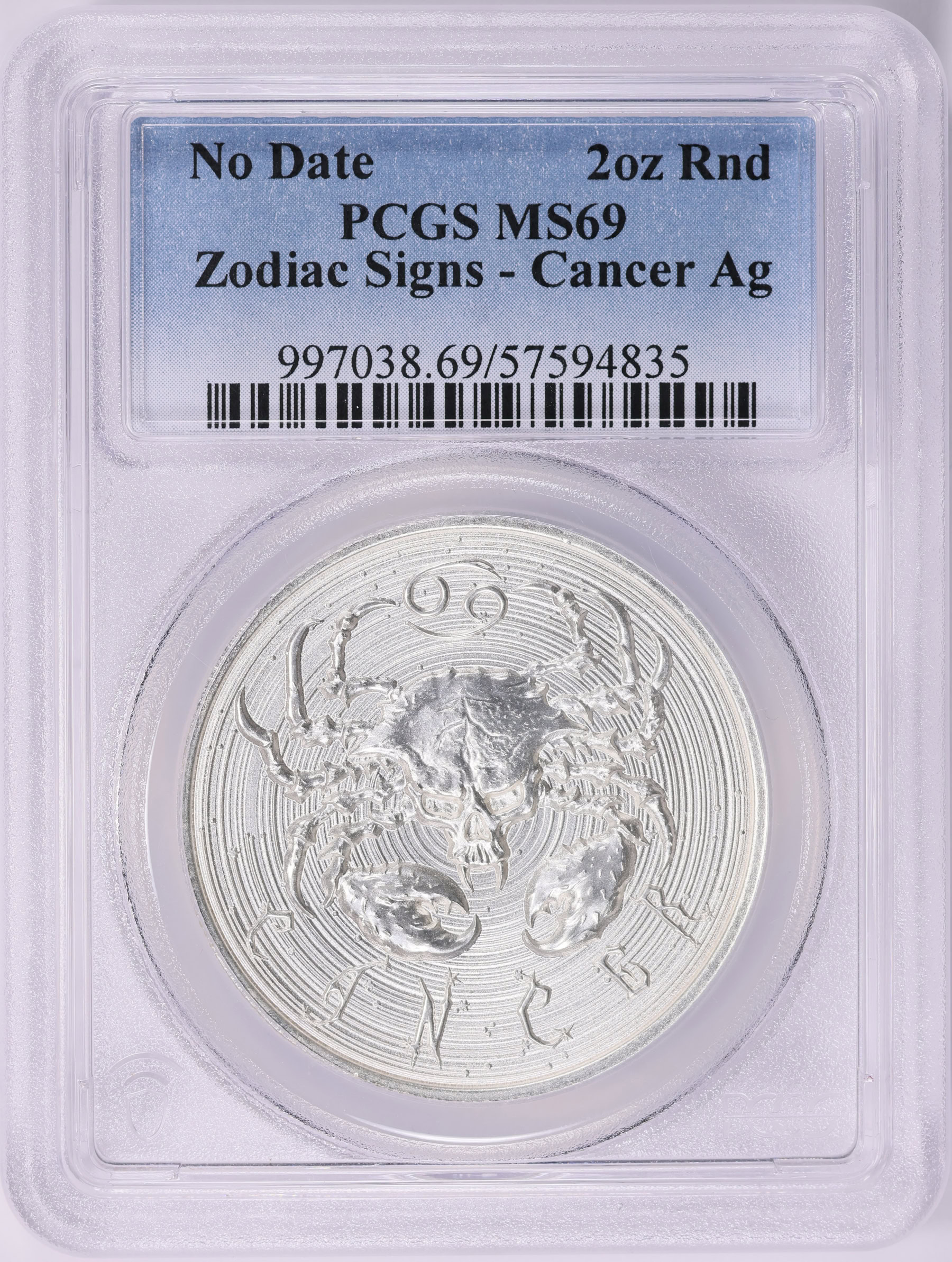 ND Silver 2oz Intaglio Mint Zodiac Signs, Cancer Round PCGS MS-69 (ASW ...