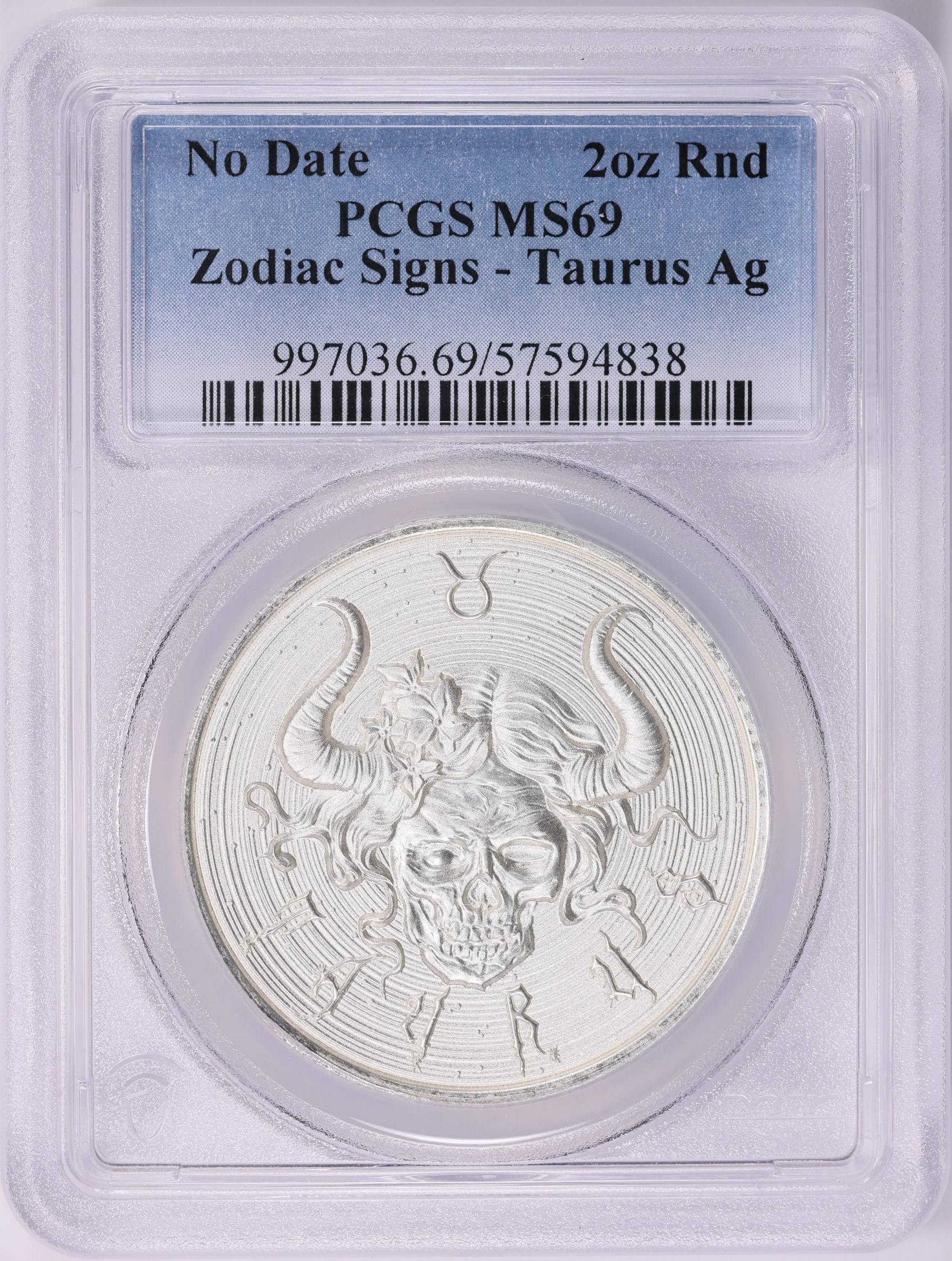 ND Silver 2oz Intaglio Mint Zodiac Signs, Taurus Round PCGS MS-69 (ASW ...