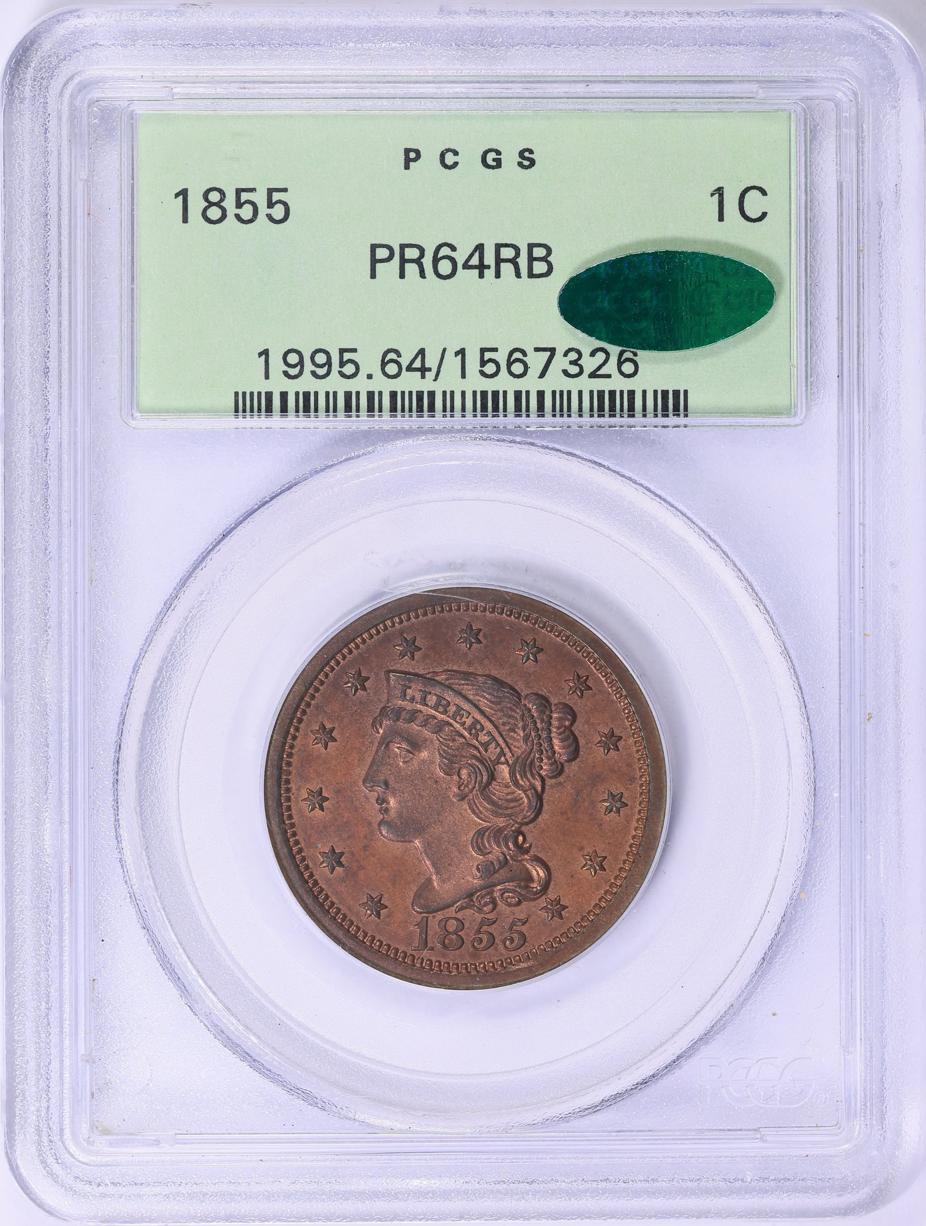1855 Braided Hair Cent PCGS Proof-64 RB (CAC Green) OGH (Item 1902261) | GreatCollections Coin ...