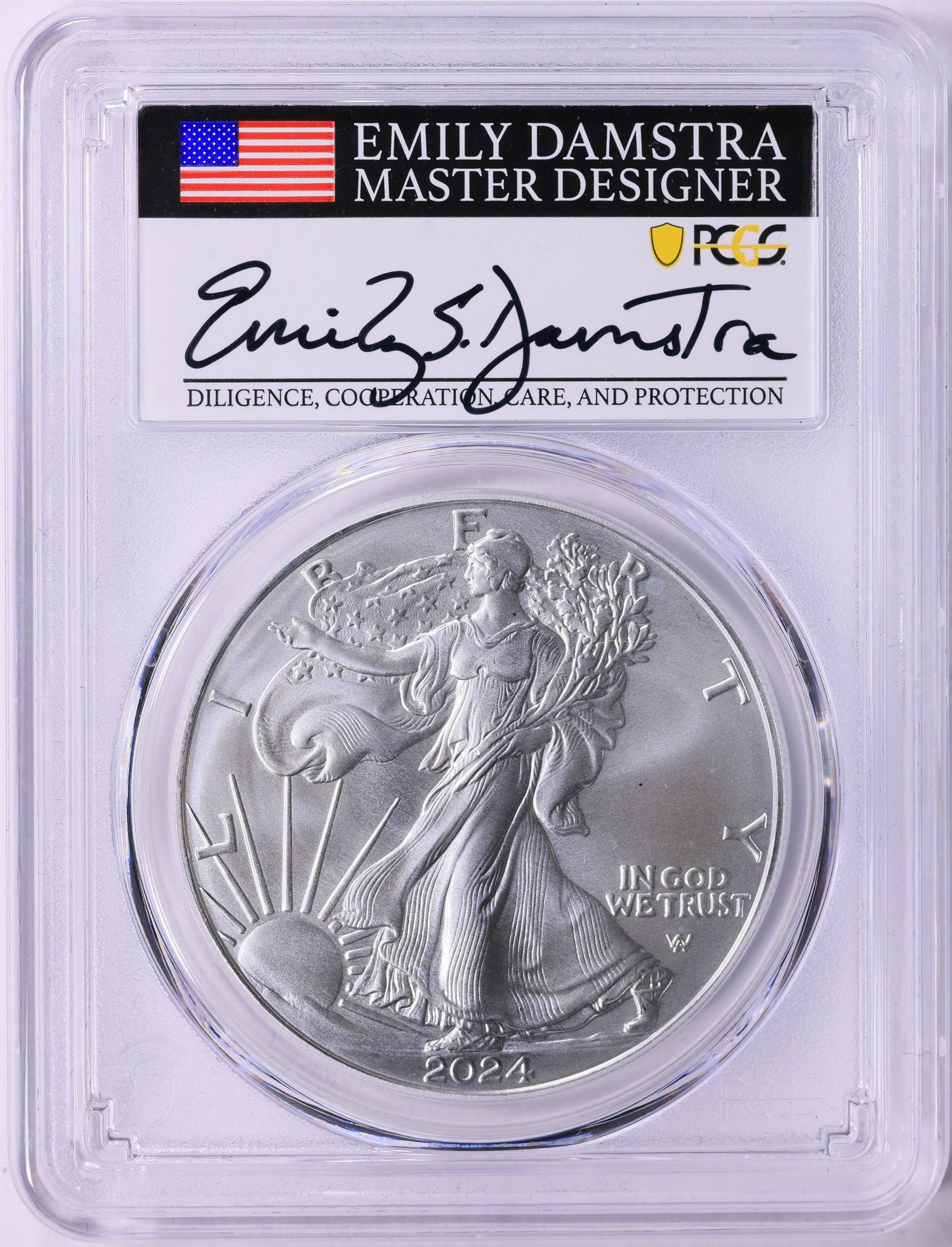 2024 $1 Silver Eagle First Strike PCGS MS-70 (Emily Damstra Signed ...