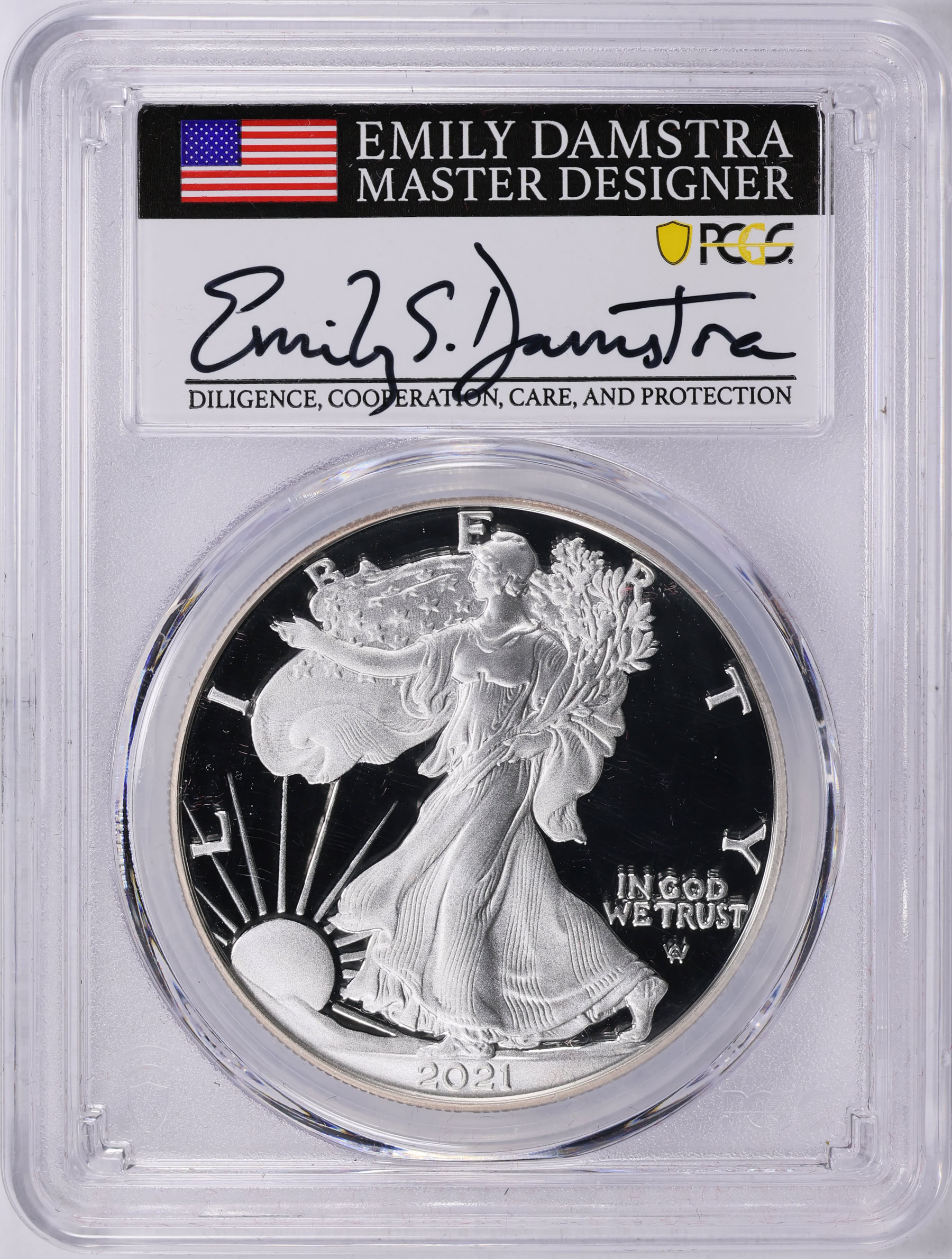 2021-S $1 Silver Eagle Type 2 PCGS Gem Proof (Emily Damstra Signed ...