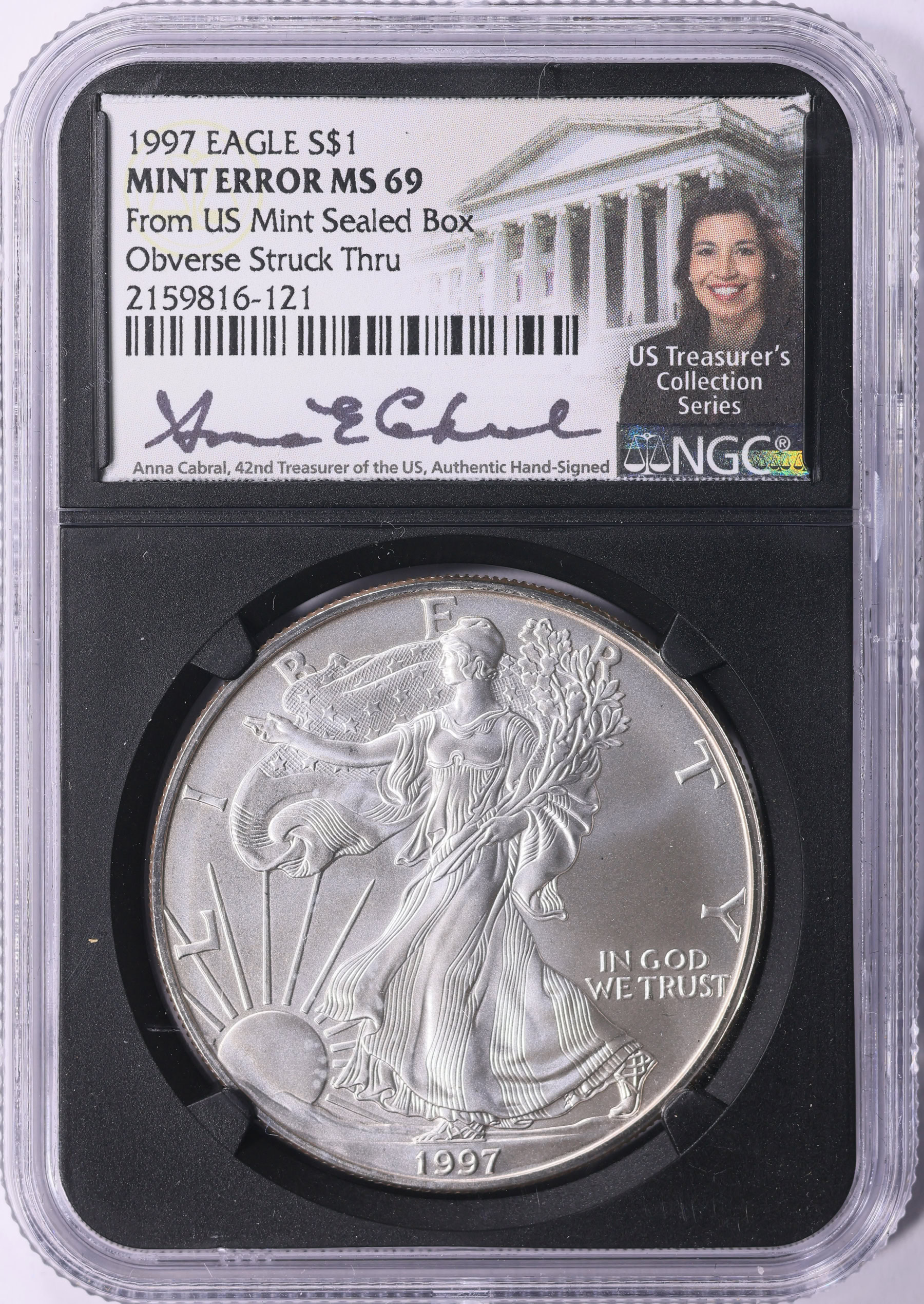 Mint Error 1997 $1 Silver Eagle Obverse Struck Thru NGC MS-69 (Anna ...
