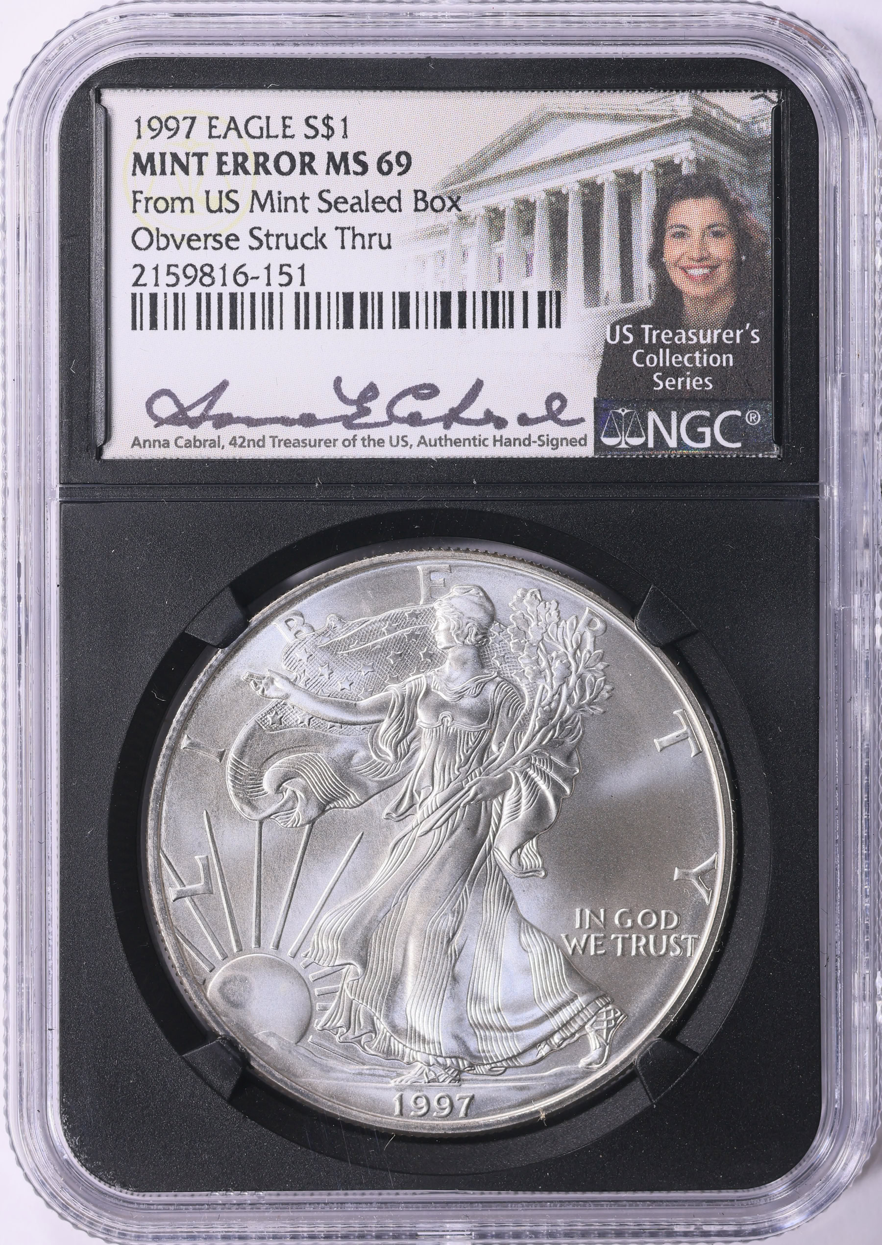 Mint Error 1997 $1 Silver Eagle Obverse Struck Thru NGC MS-69 (Anna ...