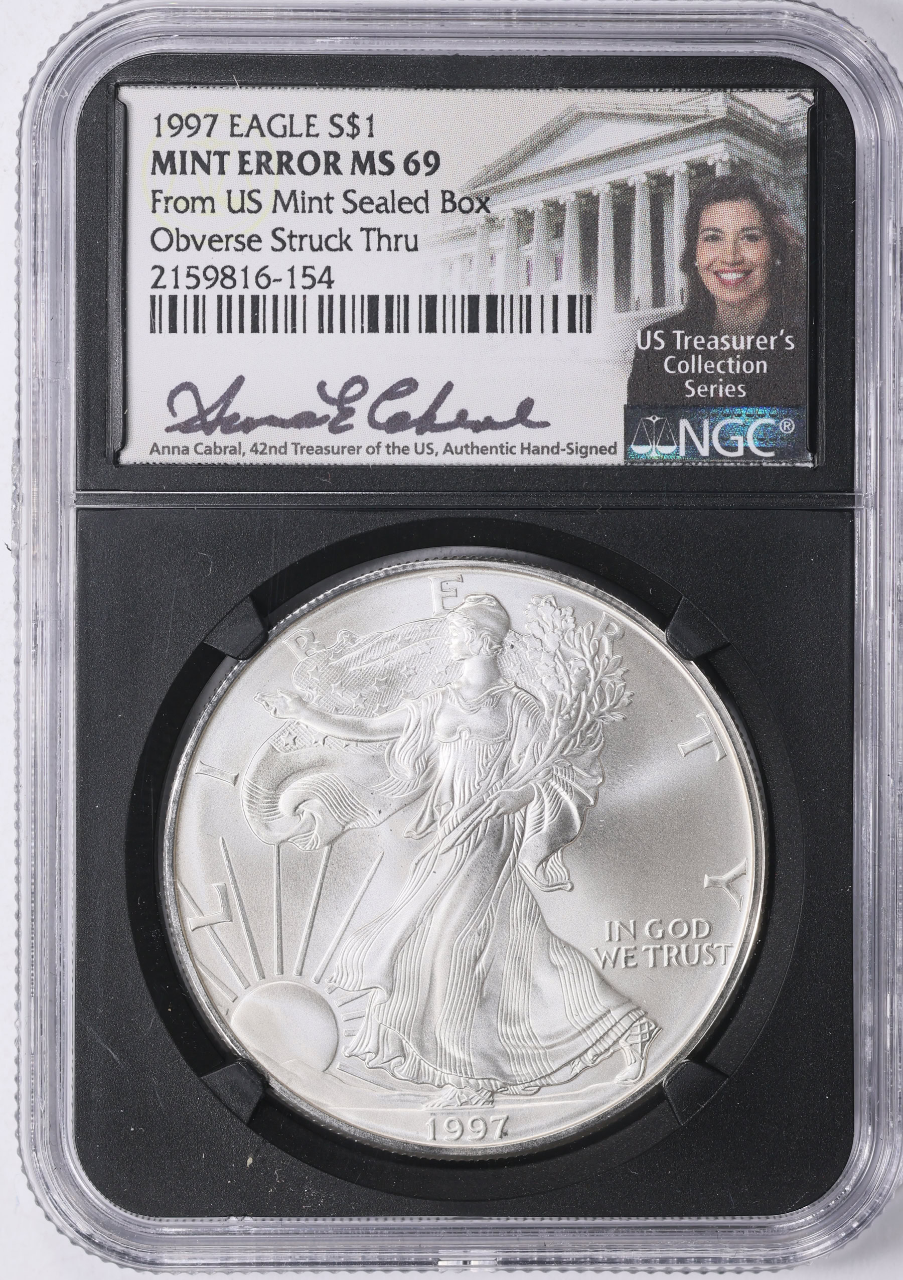 Mint Error 1997 $1 Silver Eagle Obverse Struck Thru NGC MS-69 (Anna ...