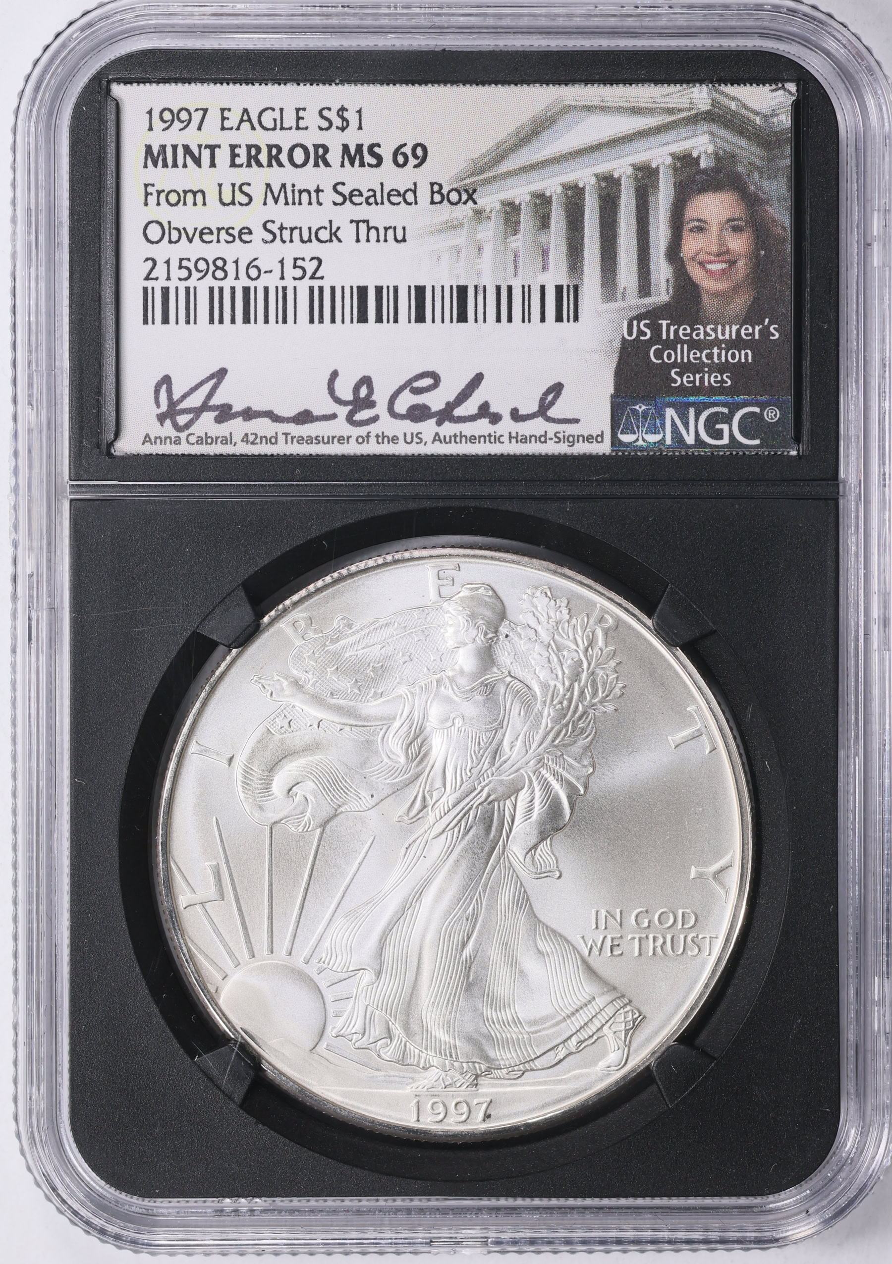 Mint Error 1997 $1 Silver Eagle Obverse Struck Thru NGC MS-69 (Anna ...