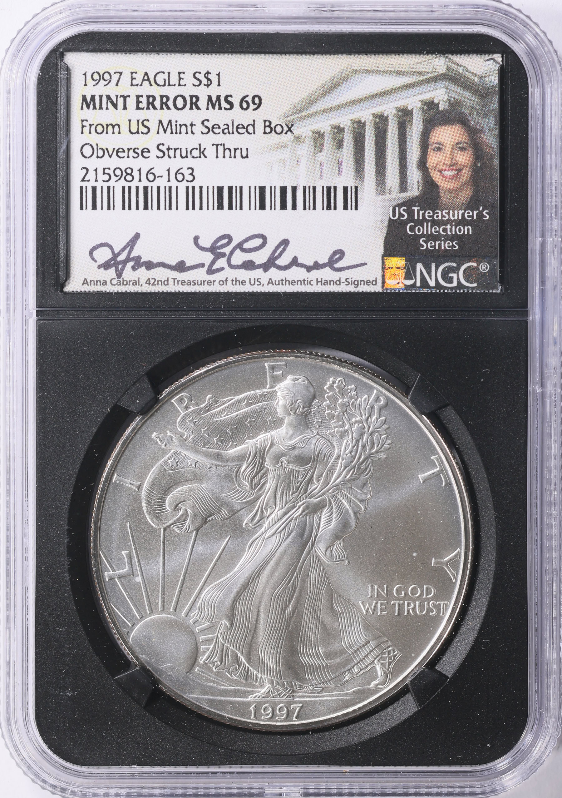 Mint Error 1997 $1 Silver Eagle Obverse Struck Thru NGC MS-69 (Anna ...