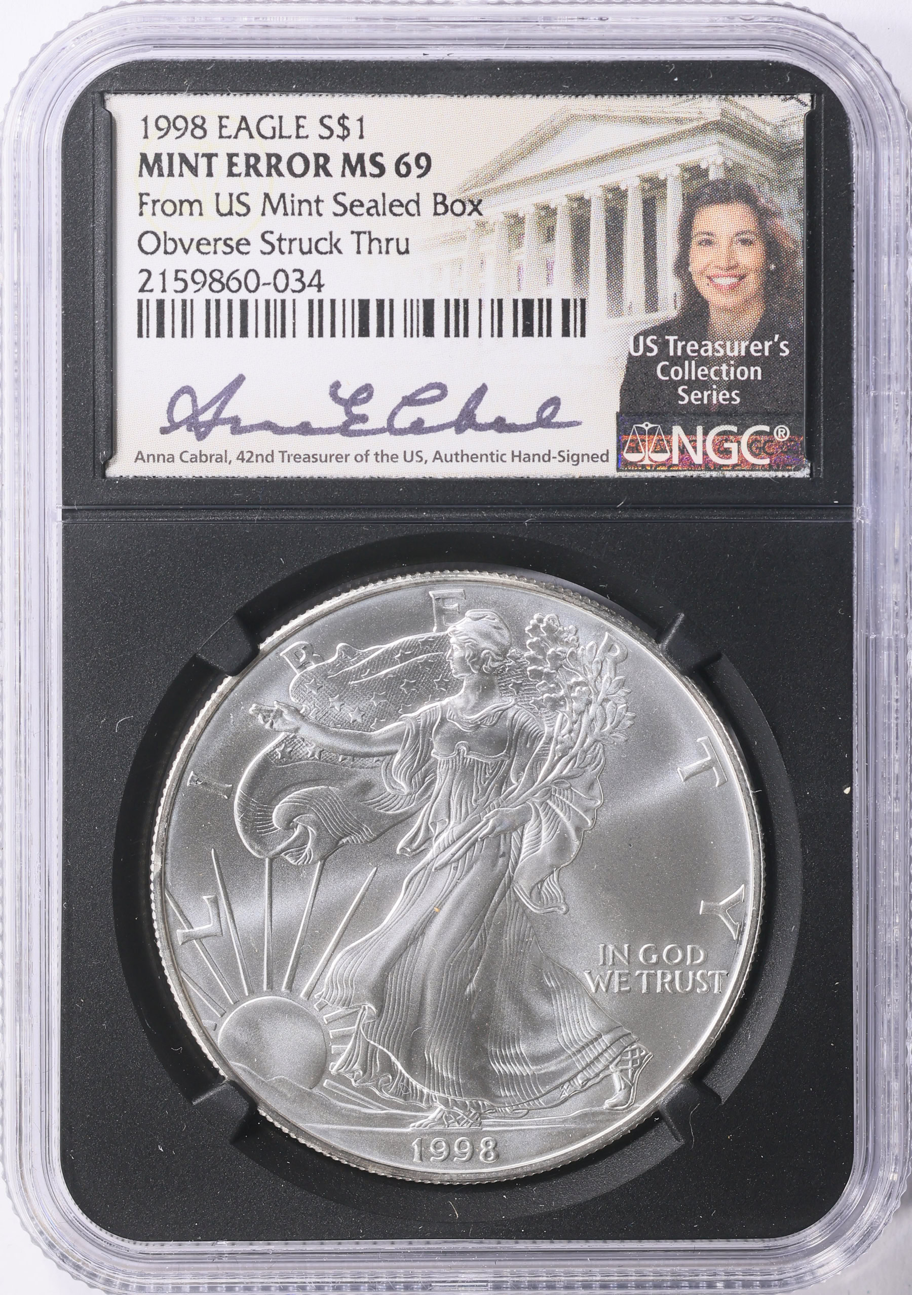Mint Error 1998 $1 Silver Eagle Obverse Struck Thru NGC MS-69 (Anna ...