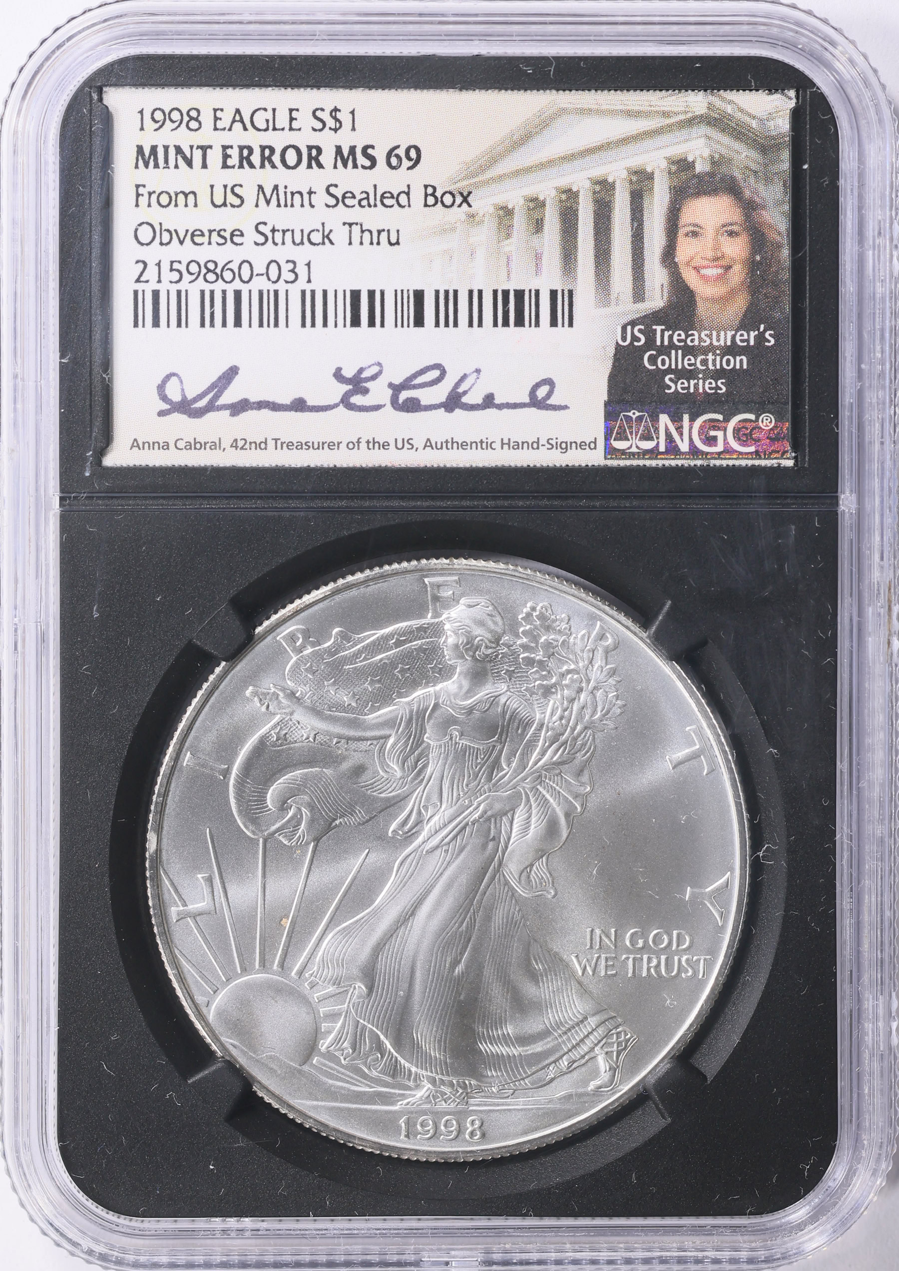 Mint Error 1998 $1 Silver Eagle Obverse Struck Thru NGC MS-69 (Anna ...