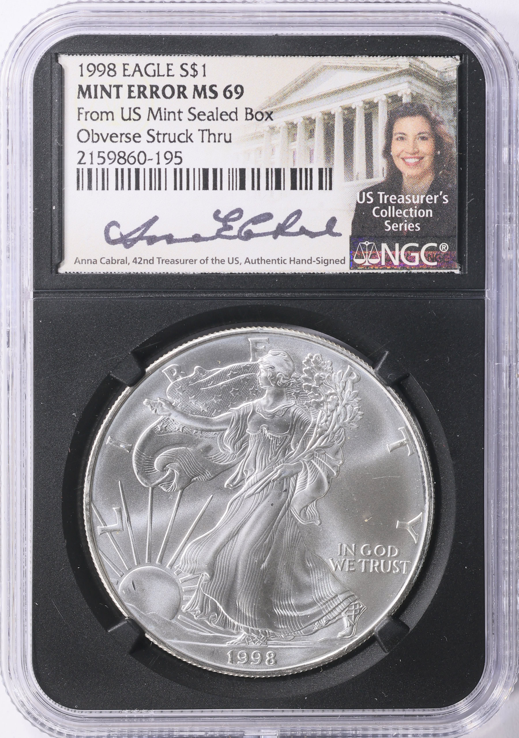 Mint Error 1998 $1 Silver Eagle Obverse Struck Thru NGC MS-69 (Anna ...