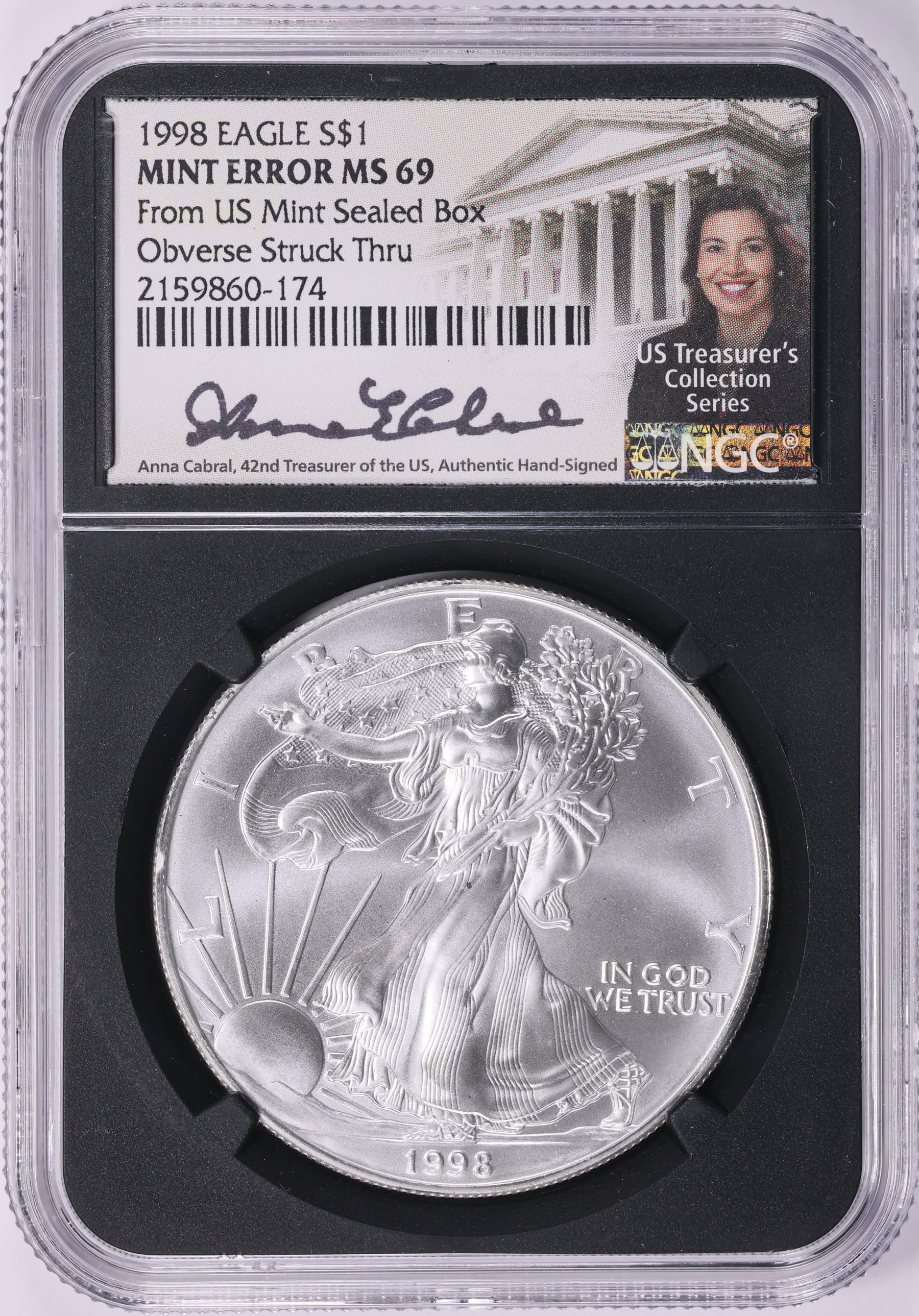 Mint Error 1998 $1 Silver Eagle Obverse Struck Through NGC MS-69 (Anna ...