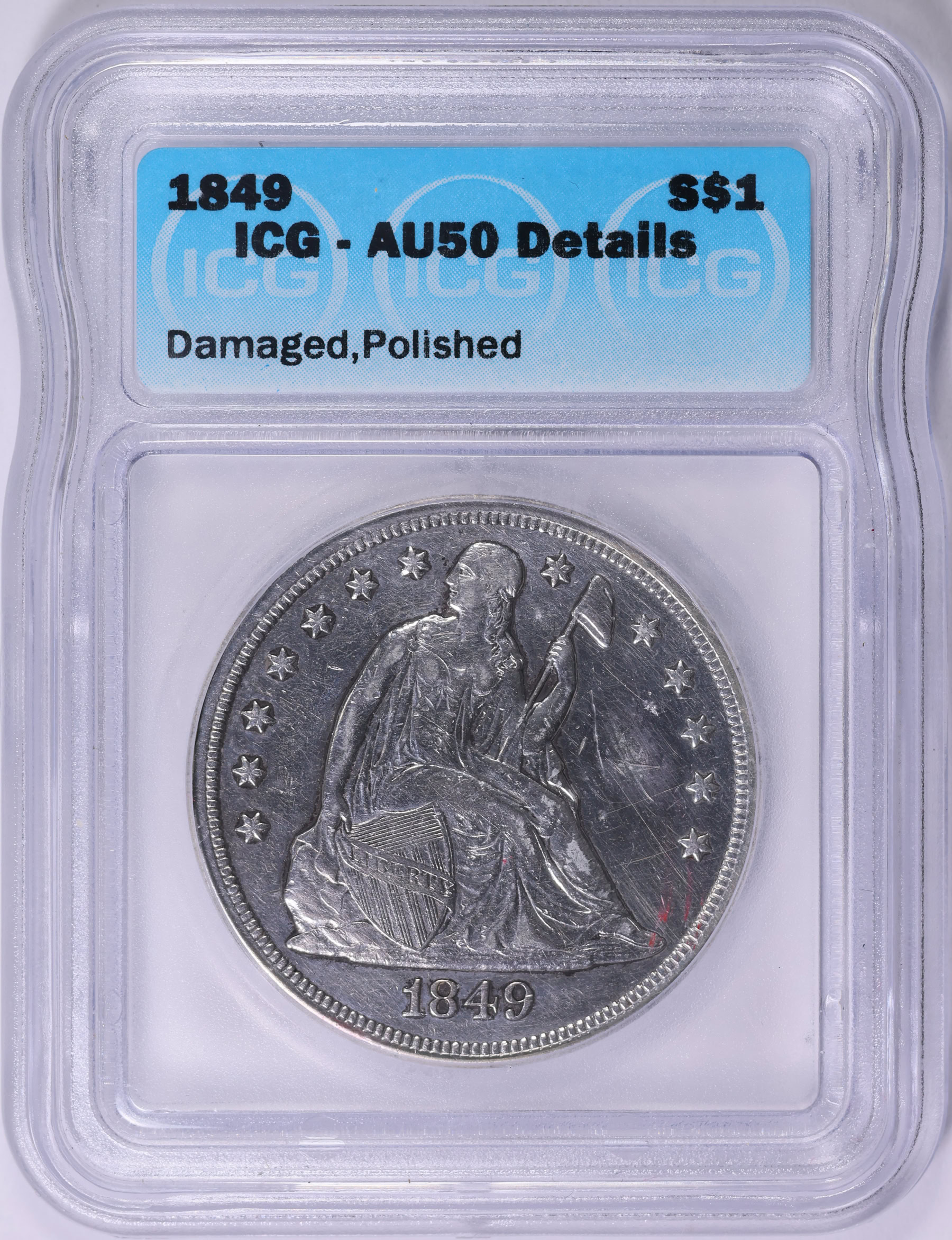 1849 Seated Liberty Silver Dollar ICG AU-50 Details (Item 1903405) | GreatCollections Coin Auctions