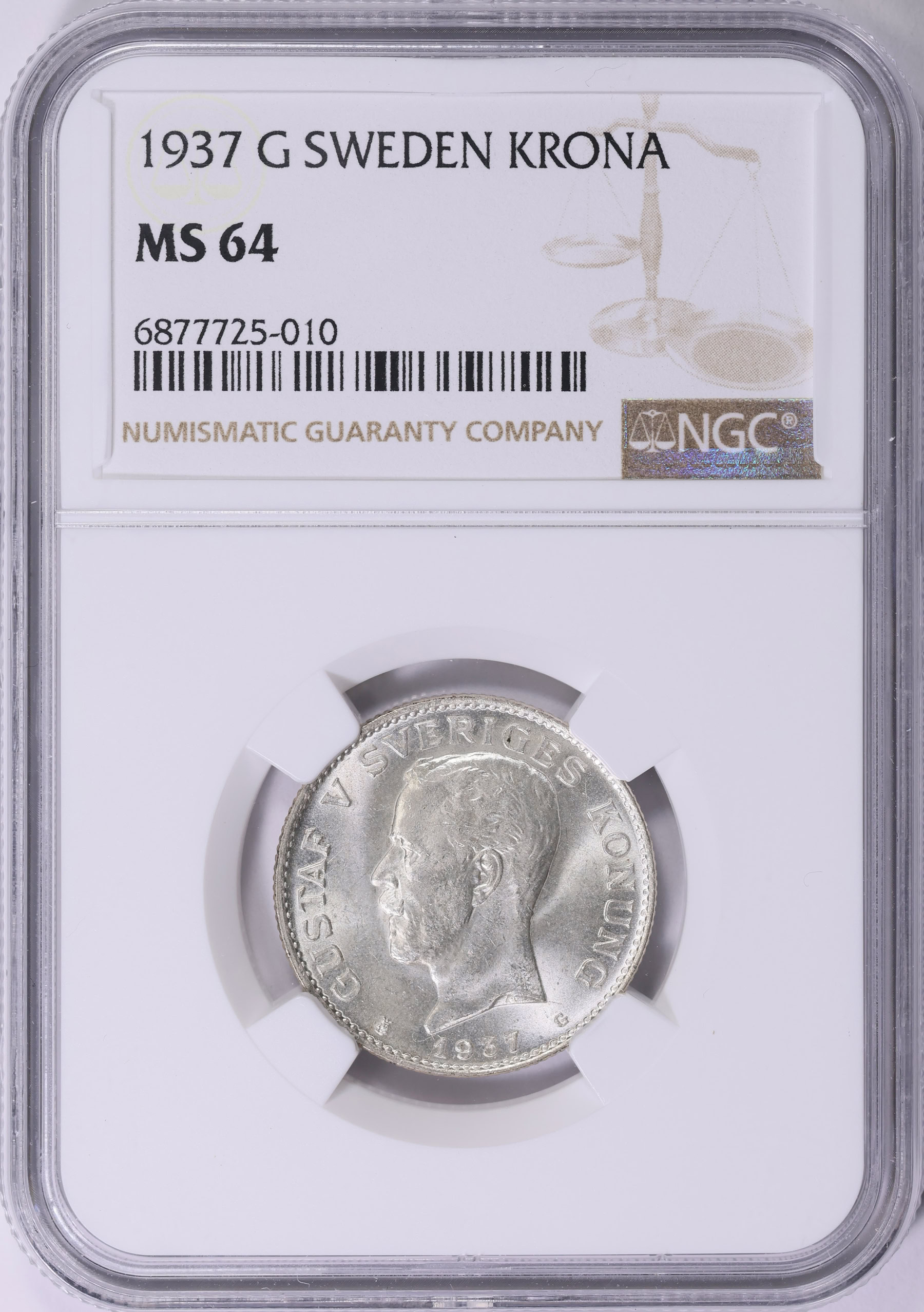 Sweden 1937-G Silver Krona KM-786.2 NGC MS-64 (Item 1903432) | GreatCollections Coin Auctions