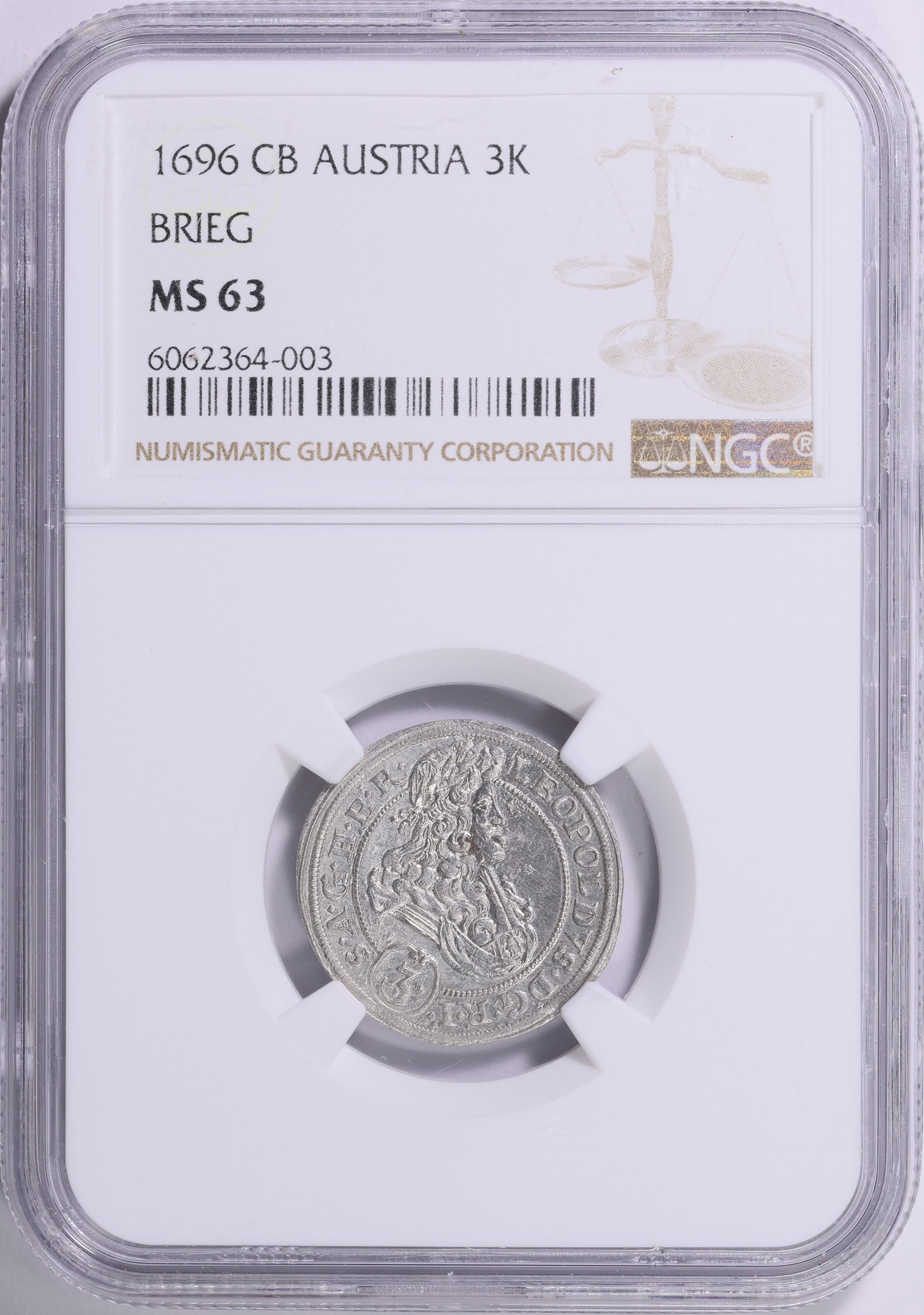 Austria 1696-CB Silver 3 Kreuzer Brieg Mint KM-516 (Under Silesia) NGC MS-63 (Item 1903442 ...