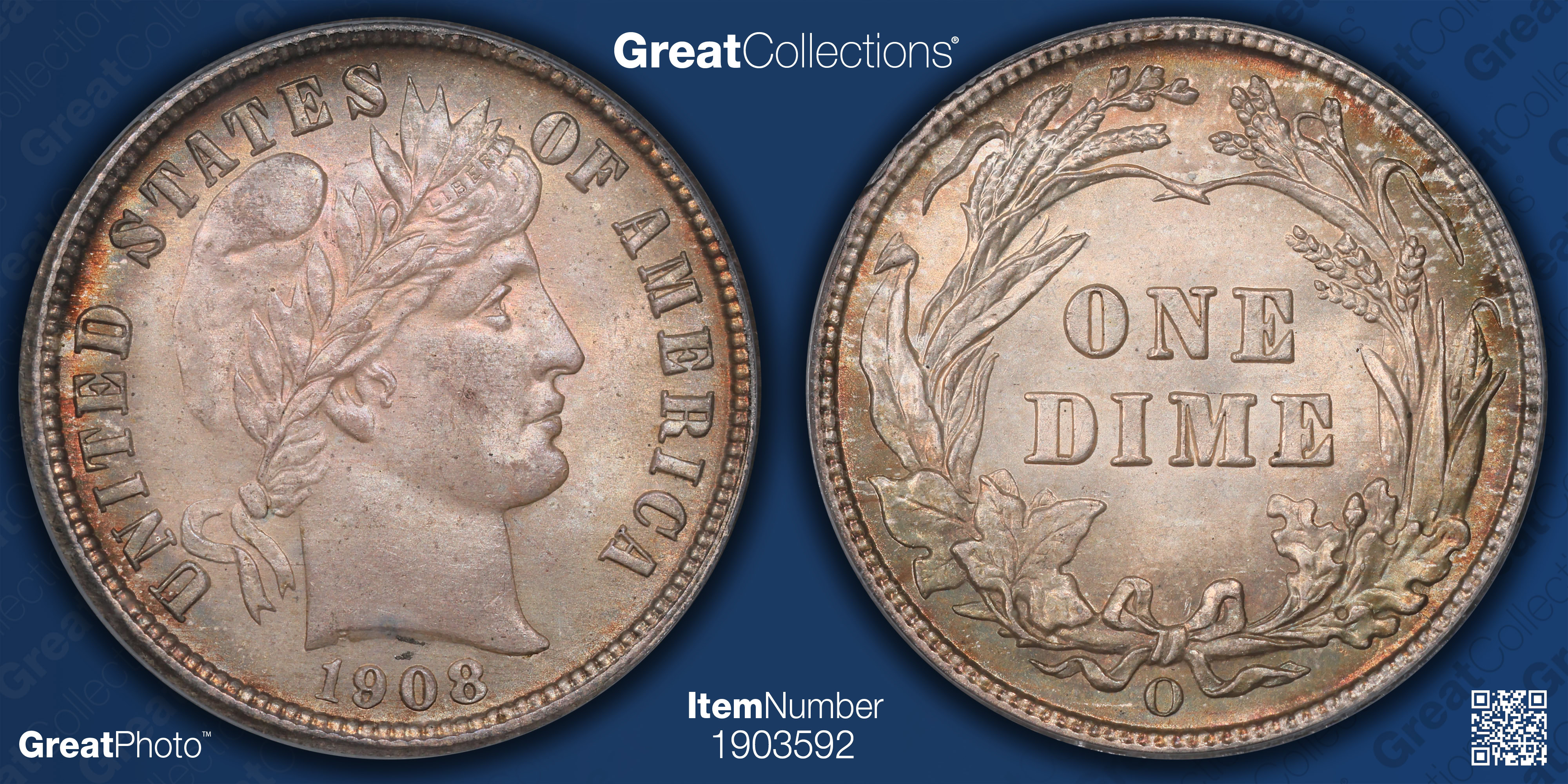 1908-O Barber Dime PCGS MS-65 (Toned) (Item 1903592) | GreatCollections ...