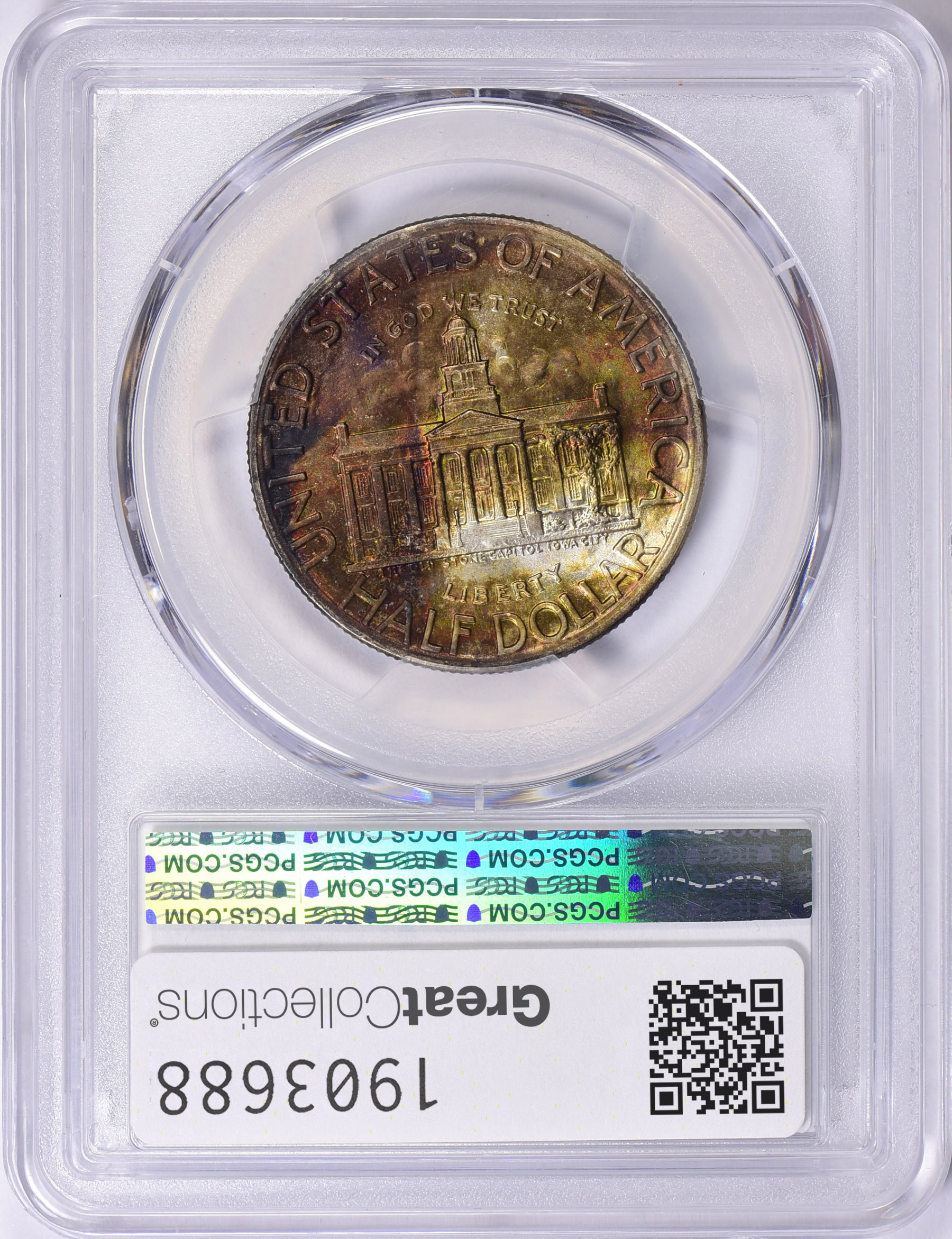 1946 Iowa Centennial Half Dollar PCGS MS-67+ (CAC Green) (Toned) (Item 1903688 ...