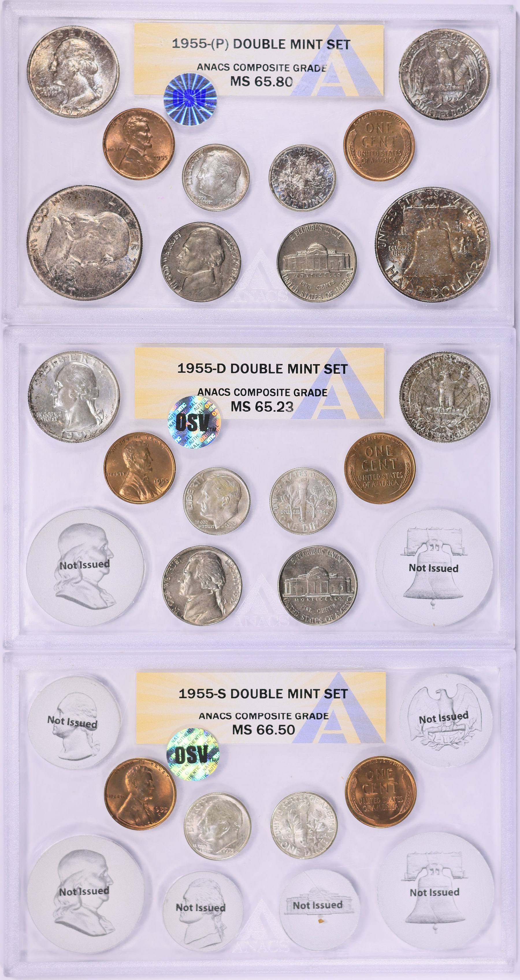 1955 U.S. Mint Double Mint Set ANACS Composite Grades MS-65.80/65.23/66 ...