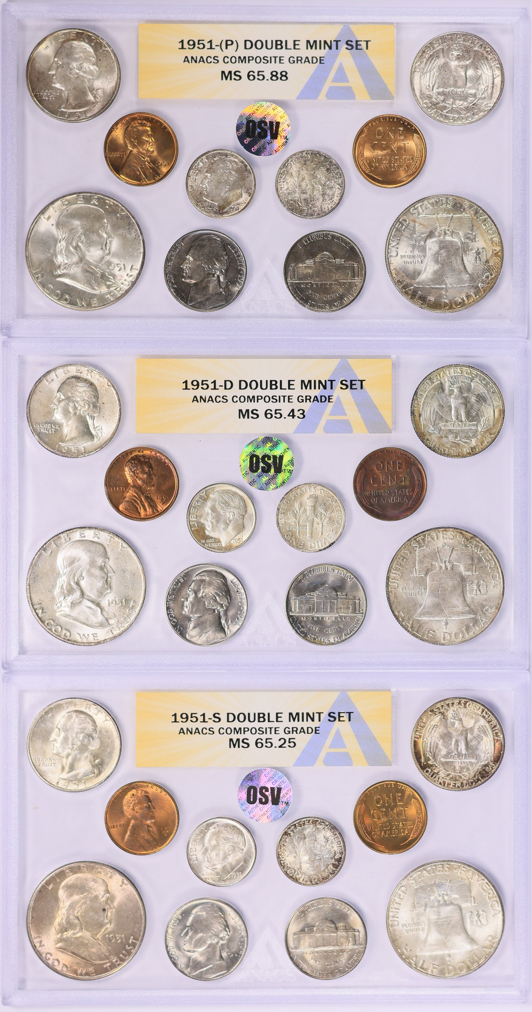 1951 U.S. Mint Double Mint Set ANACS Composite Grades MS-65.88/65.43/65 ...