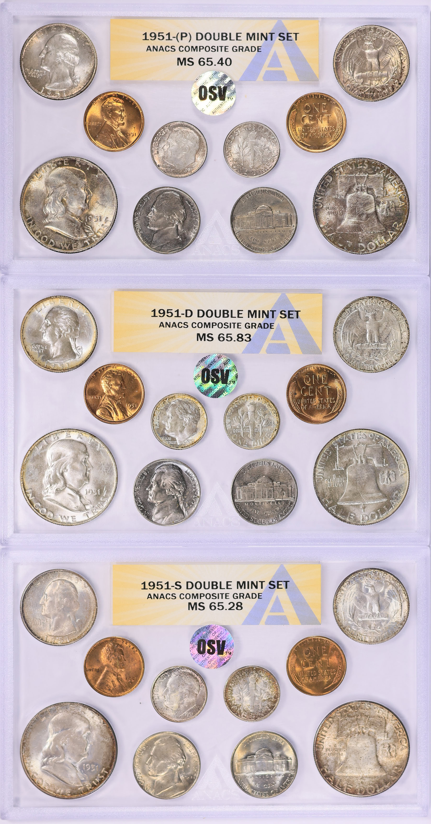 1951 U.S. Mint Double Mint Set ANACS Composite Grades MS-65.40/65.83/65 ...