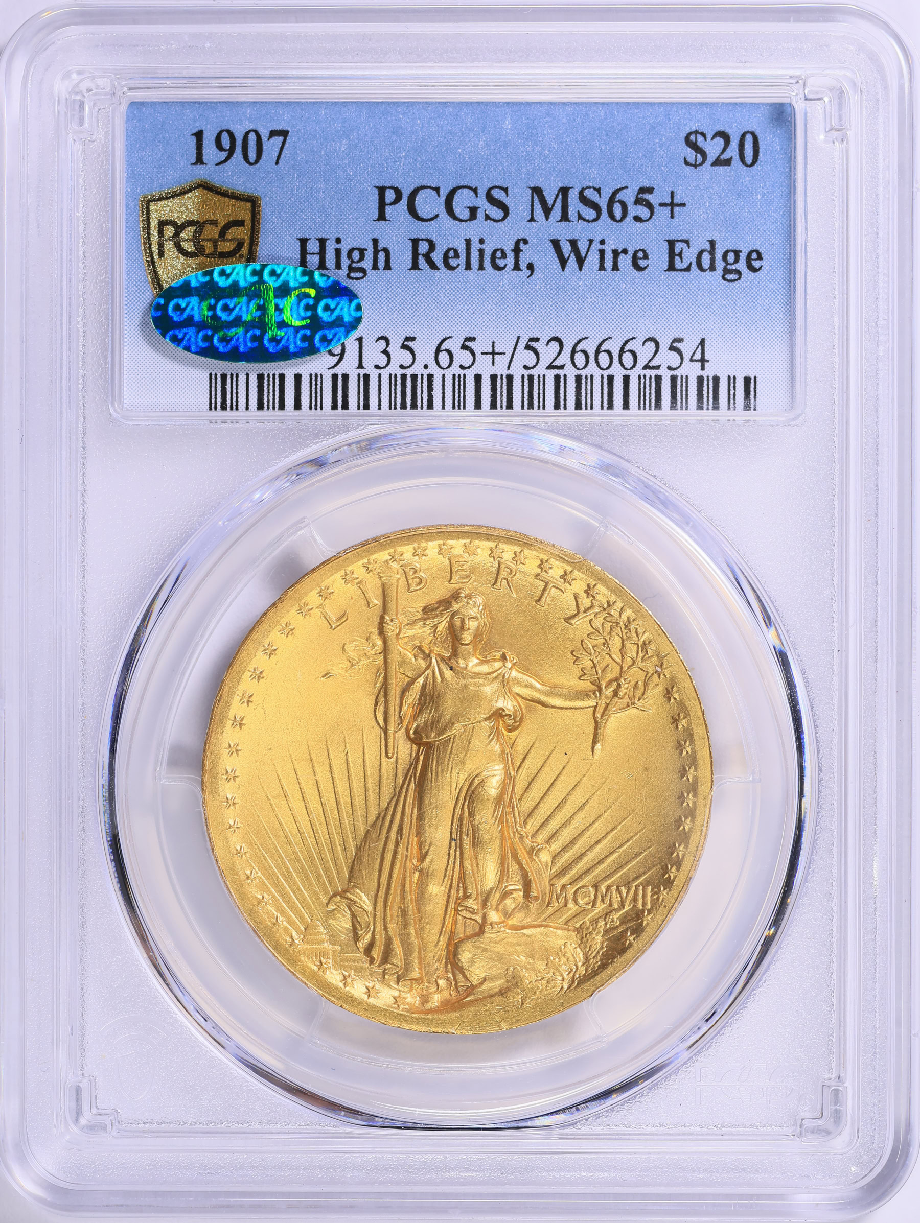 1907 Saint-Gaudens Gold Double Eagle MCMVII, High Relief, Wire Edge PCGS MS-65+ (CAC Green ...
