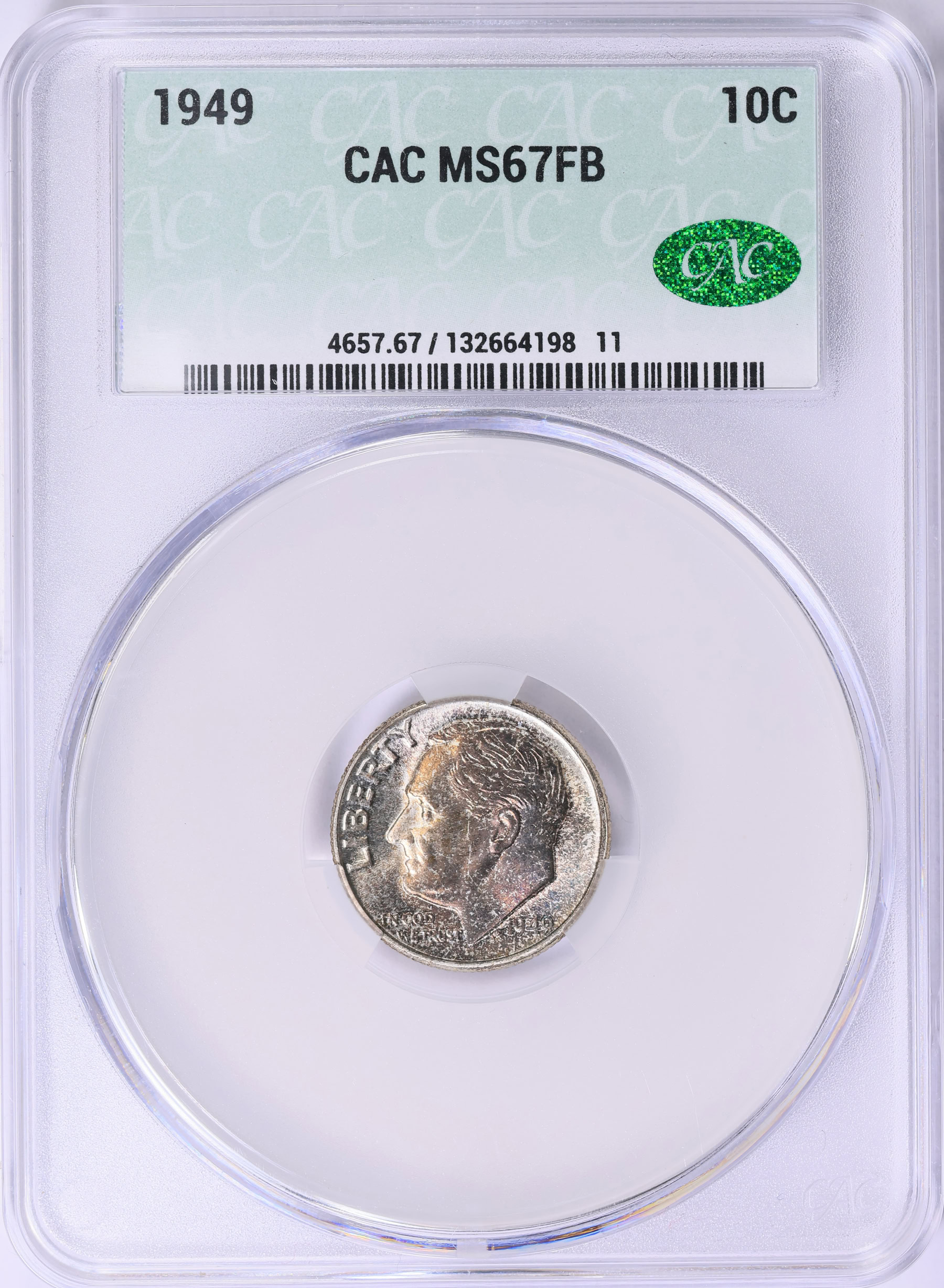 1949 Roosevelt Dime CACG MS-67 FB (Toned) (Item 1904150) | GreatCollections Coin Auctions