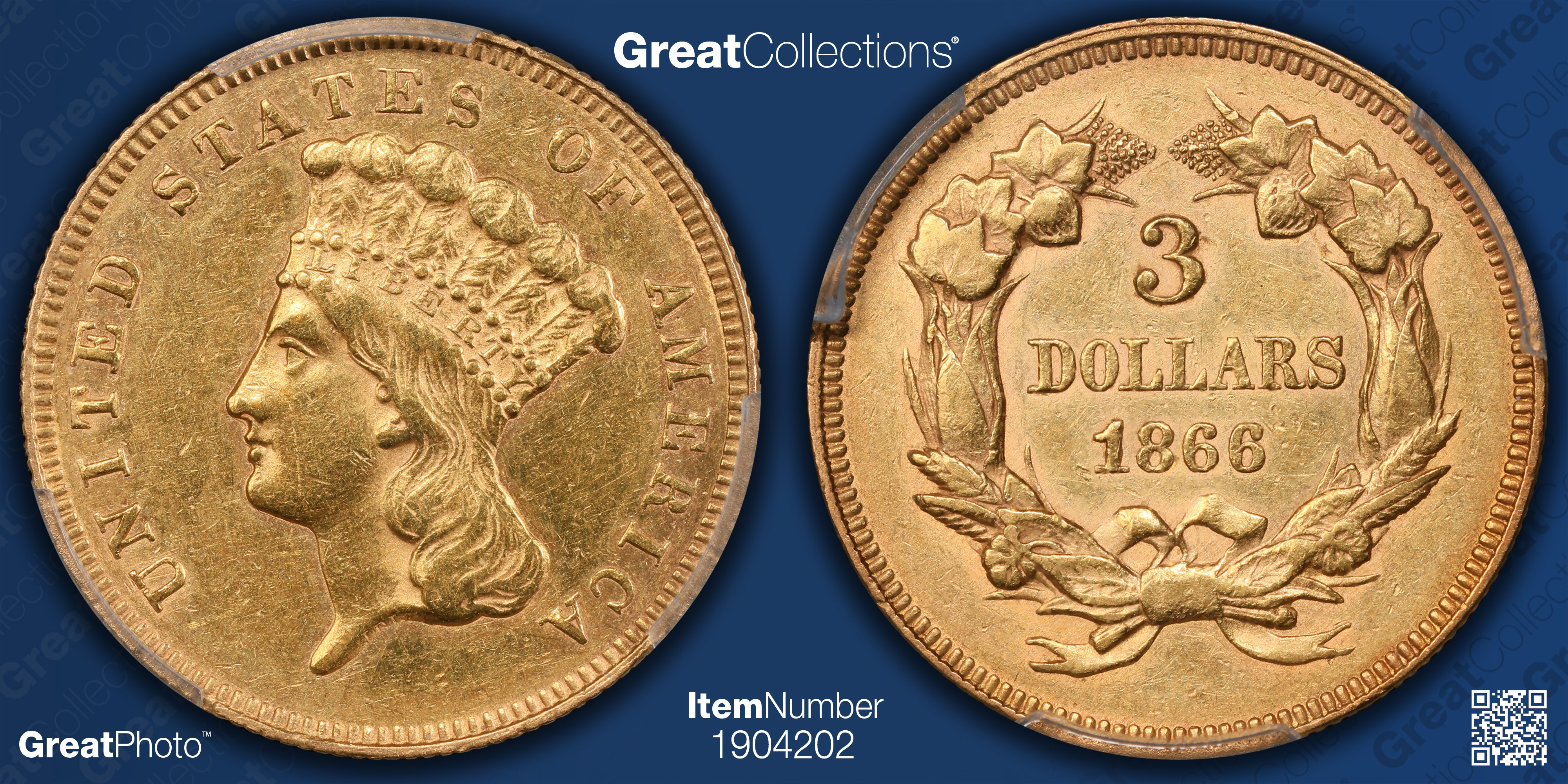 1866 Three-Dollar Gold Piece PCGS Genuine AU Details (Item 1904202 ...
