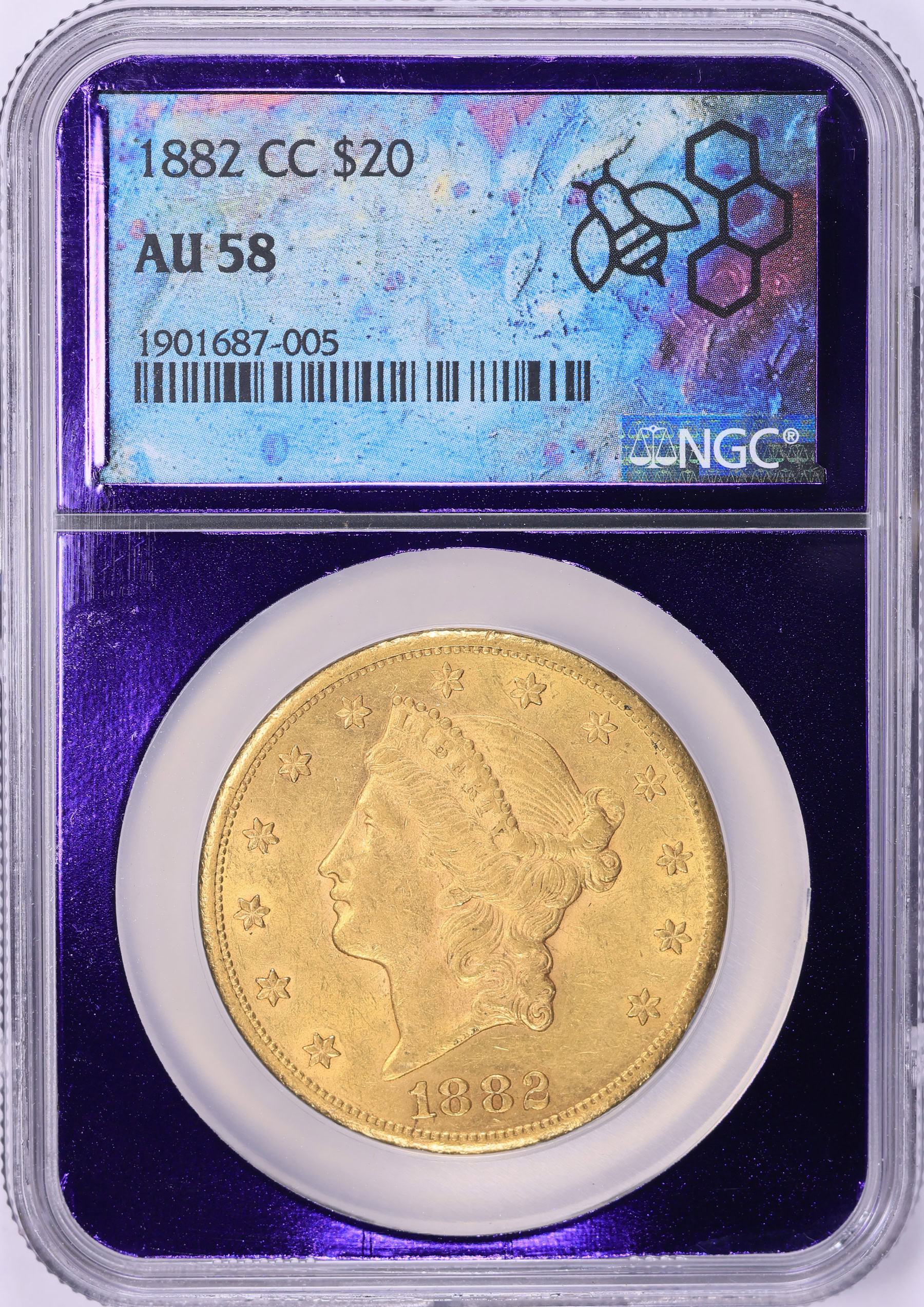 1882-CC Liberty Gold Double Eagle NGC AU-58 (Purple Bee Frame Holder ...