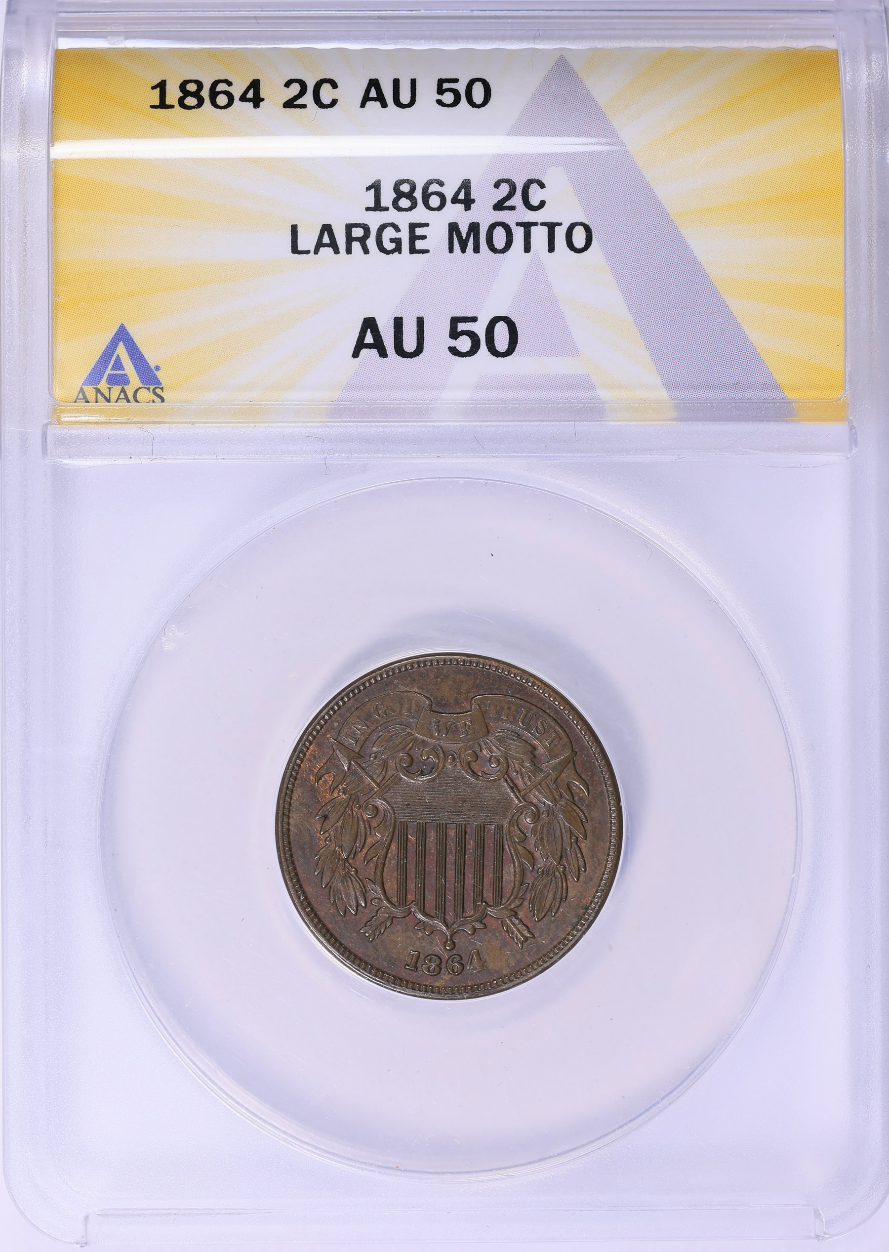 1864 Two-Cent Piece Large Motto ANACS AU-50 BN (Item 1904369) | GreatCollections Coin Auctions