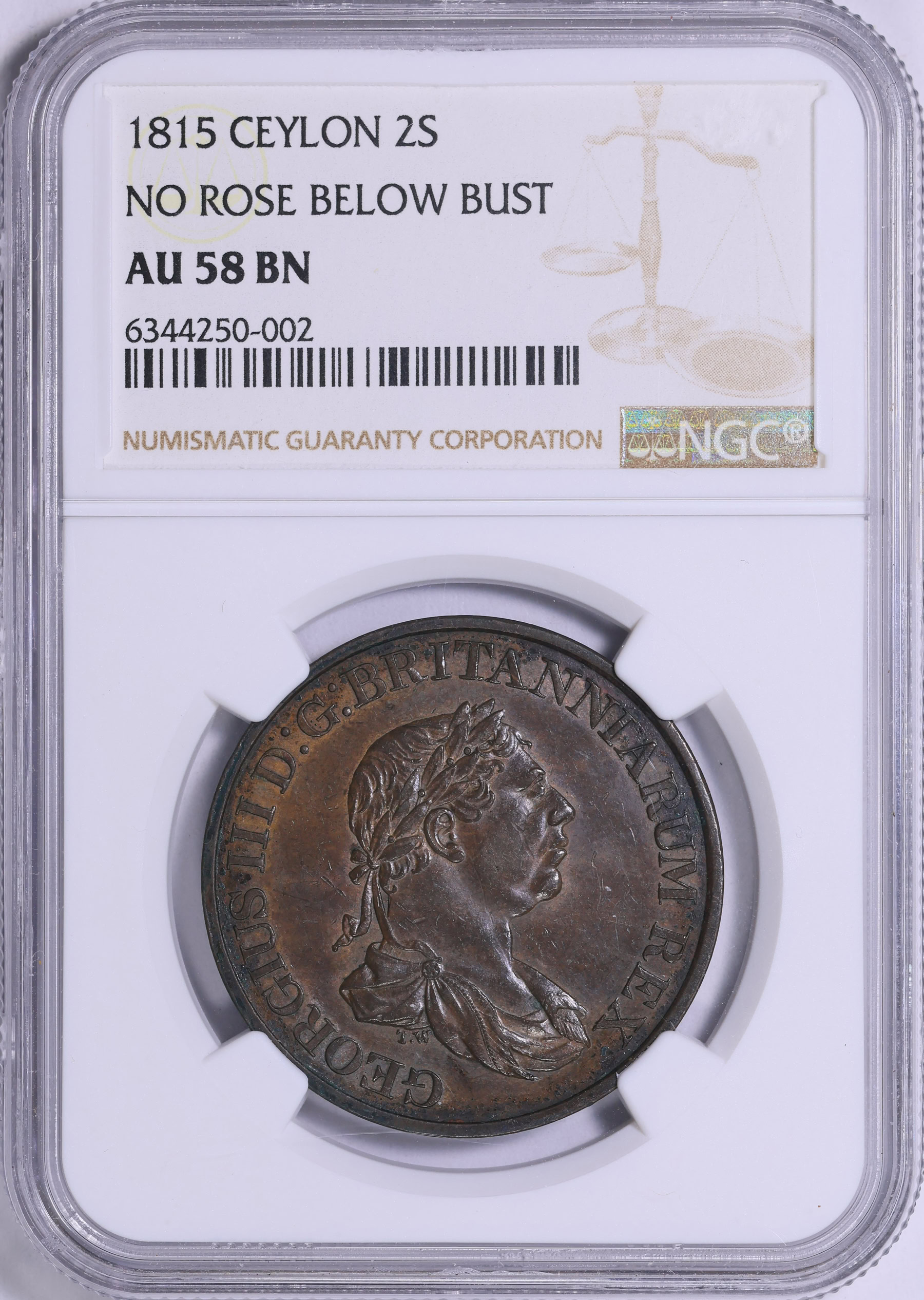 Ceylon 1815 2 Stivers No Rose Below Bust KM-82.1 NGC AU-58 BN (Item ...
