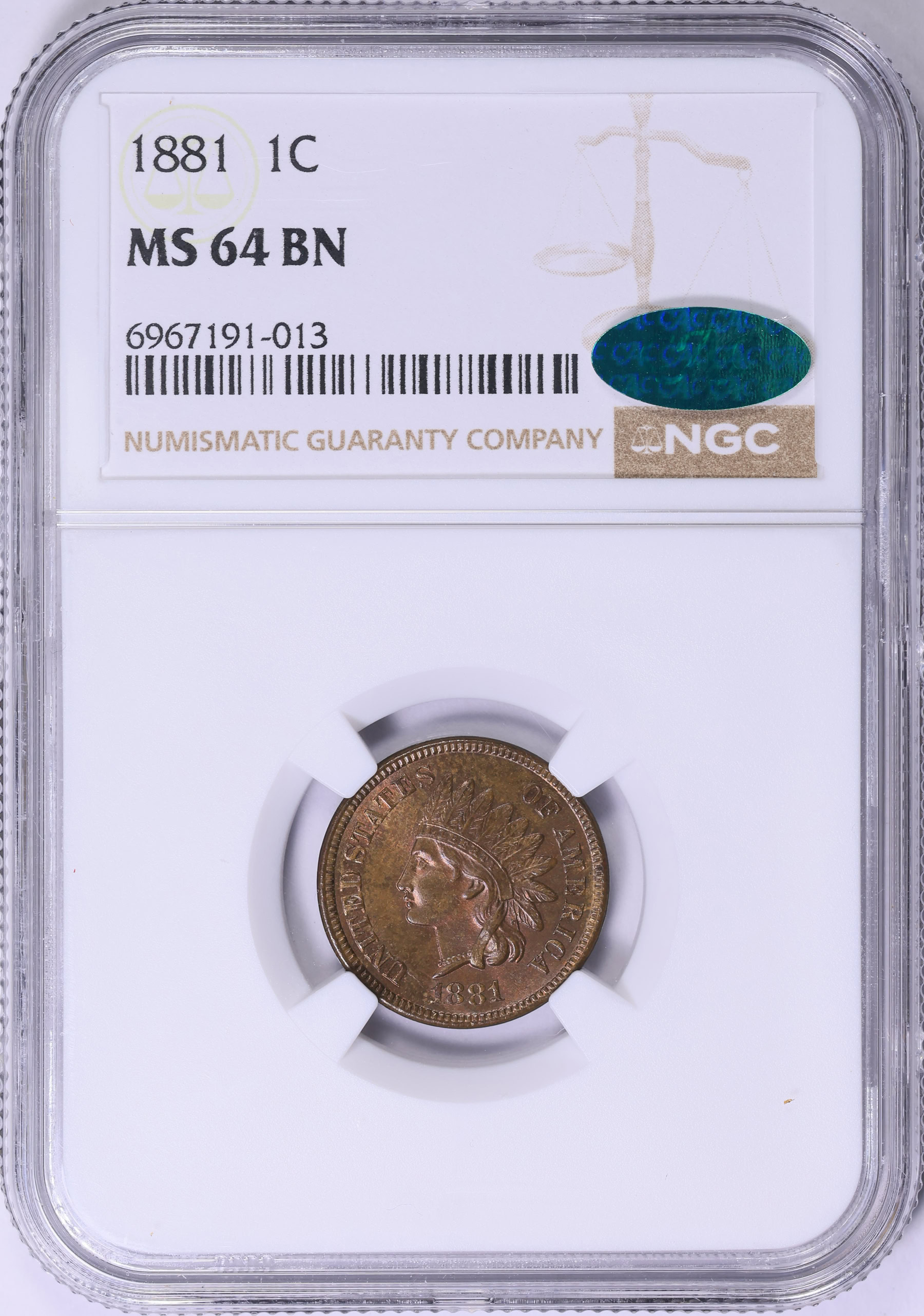1881 Indian Cent NGC MS-64 BN (CAC Green) (Item 1904633) | GreatCollections Coin Auctions