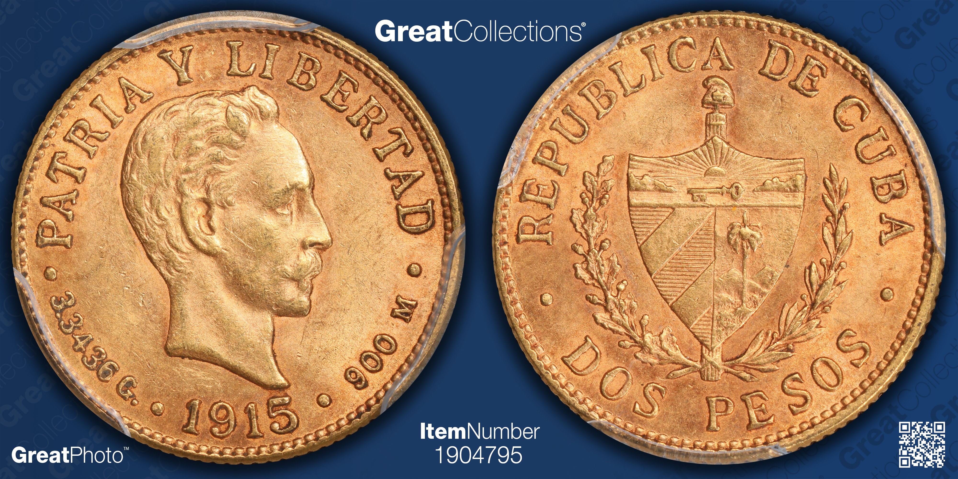 Cuba 1915 Gold 2 Pesos KM-17 PCGS MS-63 (AGW = 0.0967 Oz.) (Item ...