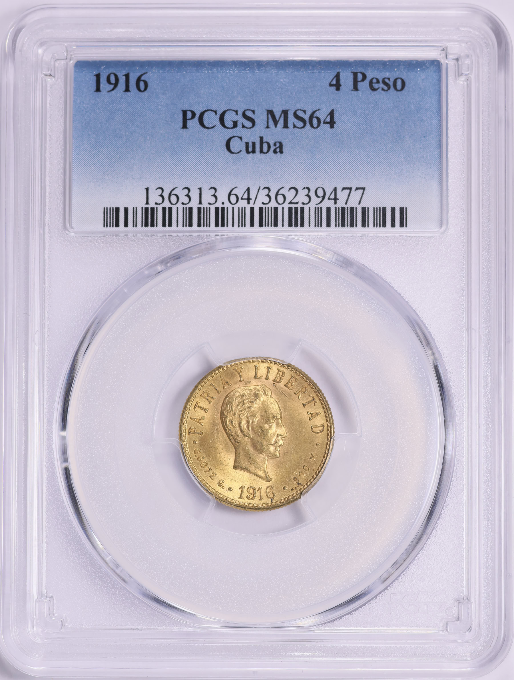 Cuba 1916 Gold 4 Pesos KM-18 PCGS MS-64 (AGW = 0.1935 Oz.) (Item ...