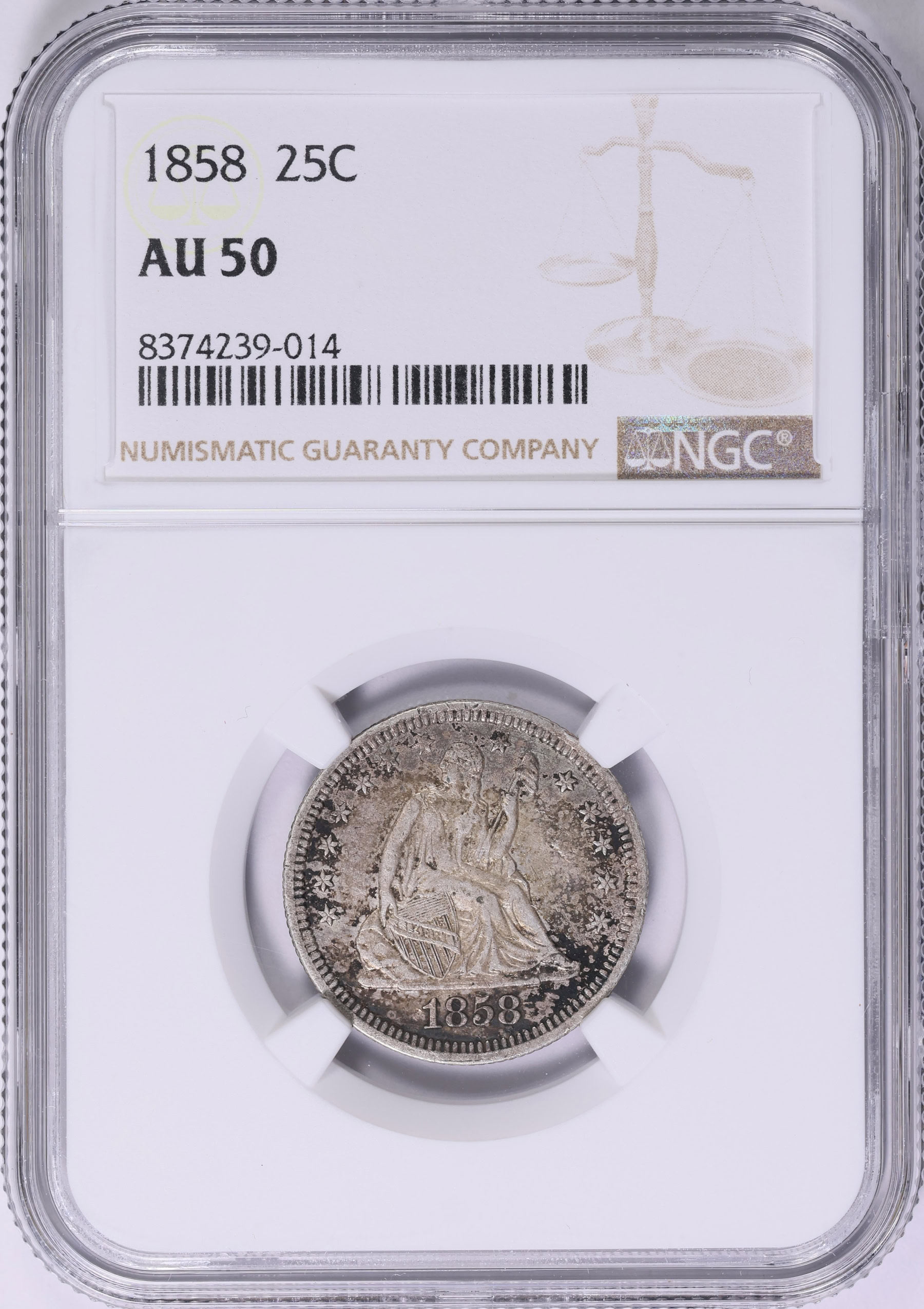 1858 Seated Liberty Quarter NGC AU-50 (Item 1905075) | GreatCollections Coin Auctions