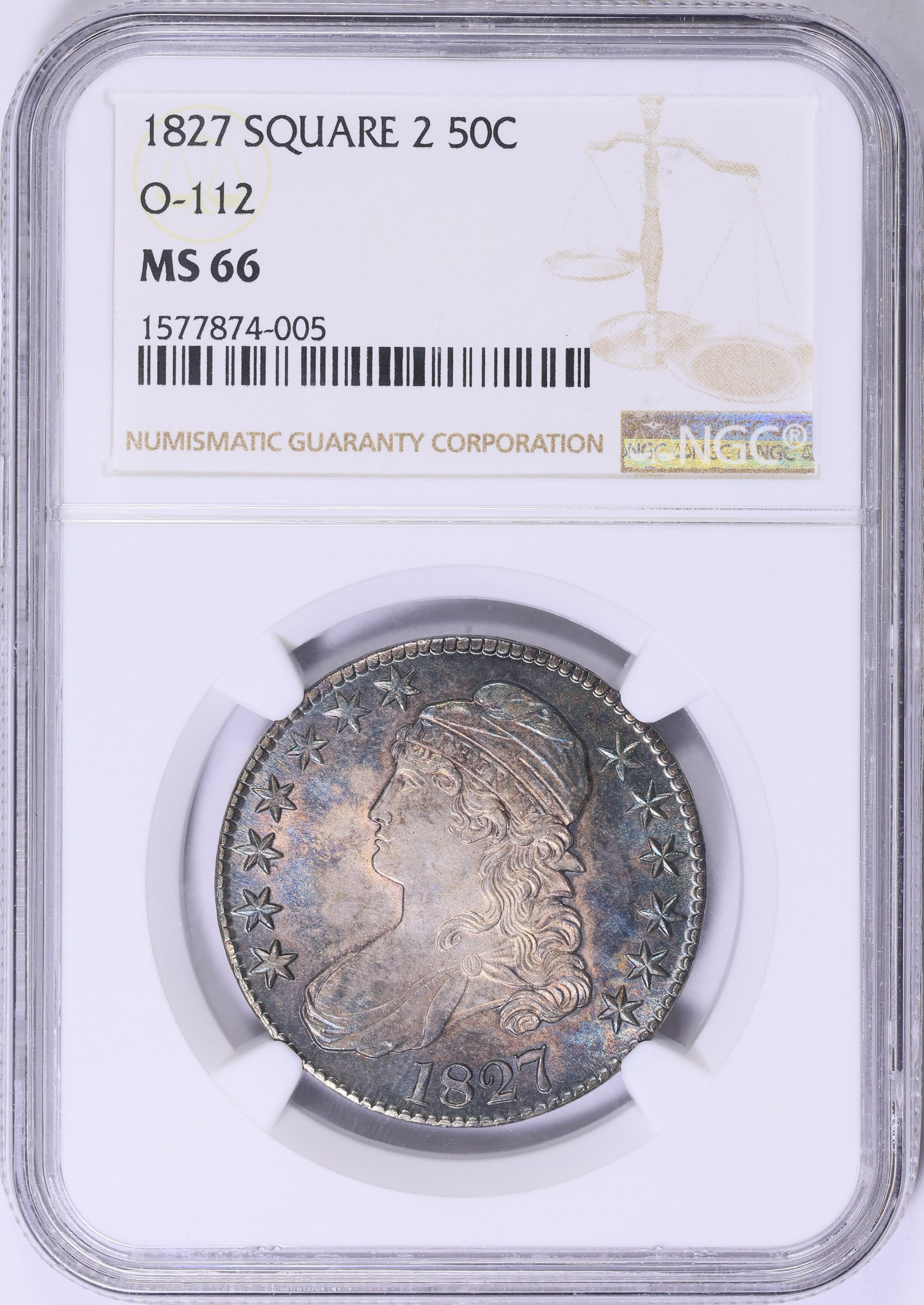 1827 Capped Bust Half Dollar Square Base 2 Overton 112 NGC MS-66 (Toned ...