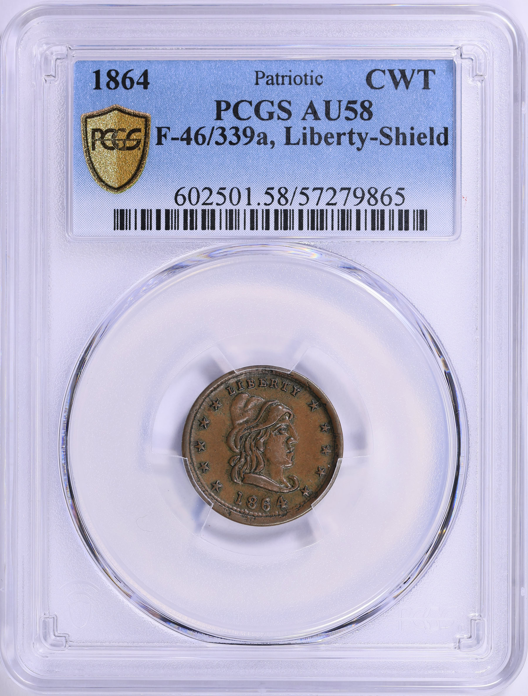 1864 Liberty Civil War Token F-46/339a PCGS AU-58 (Item 1905280) | GreatCollections Coin Auctions