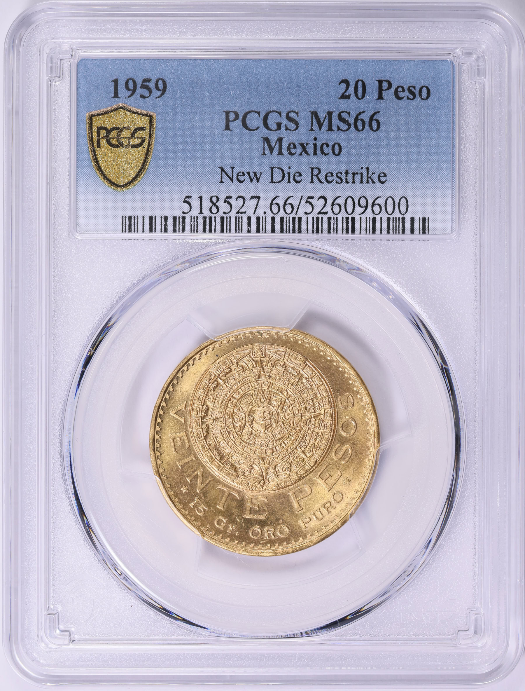 Mexico 1959 Gold 20 Pesos New Die Restrike KM-478 PCGS MS-66 (AGW = 0.4822 Oz.) (Item 1905306 ...