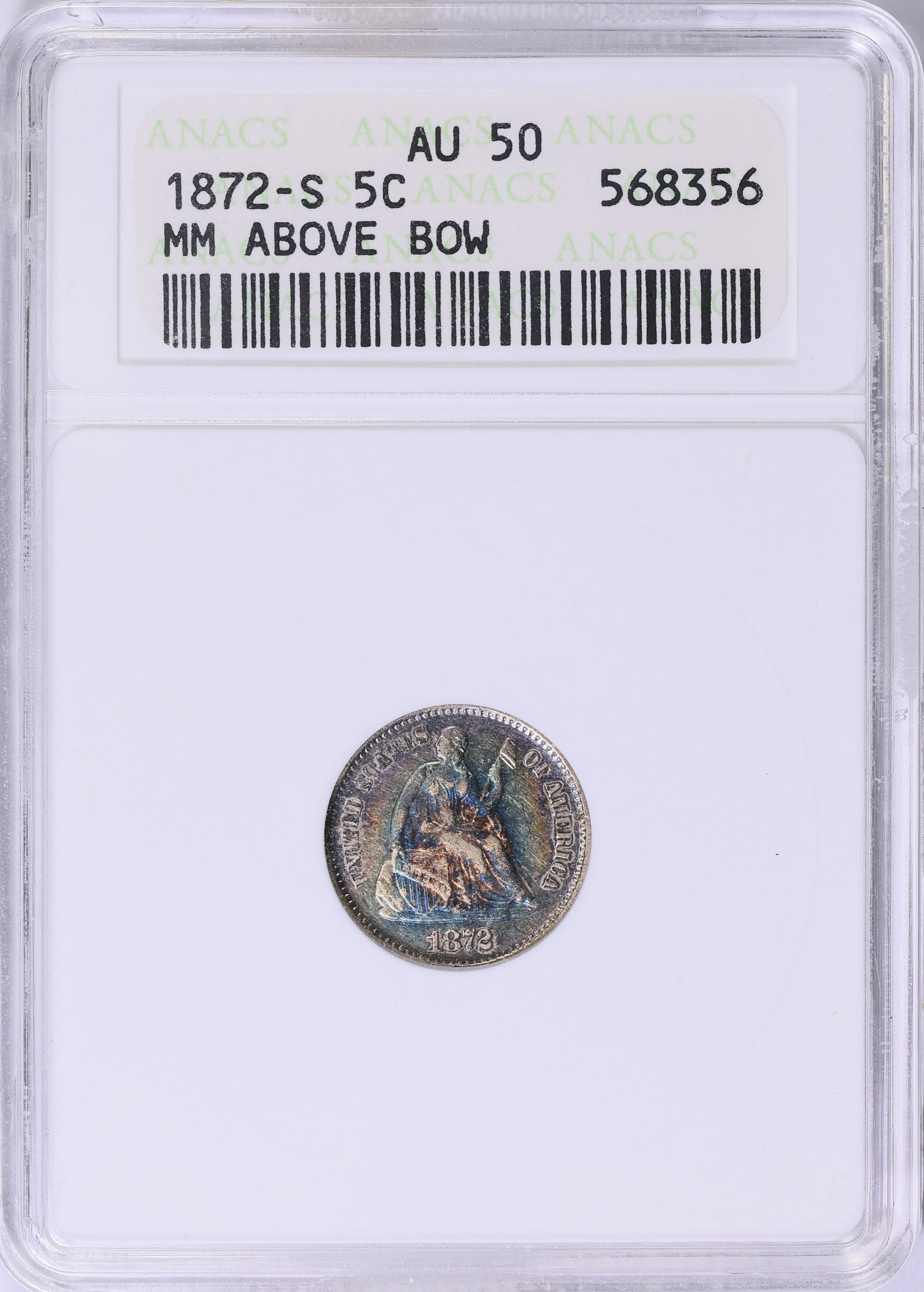 1872-S Seated Liberty Half Dime Mintmark Above Bow ANACS AU-50 OH (Toned) (Item 1905995 ...