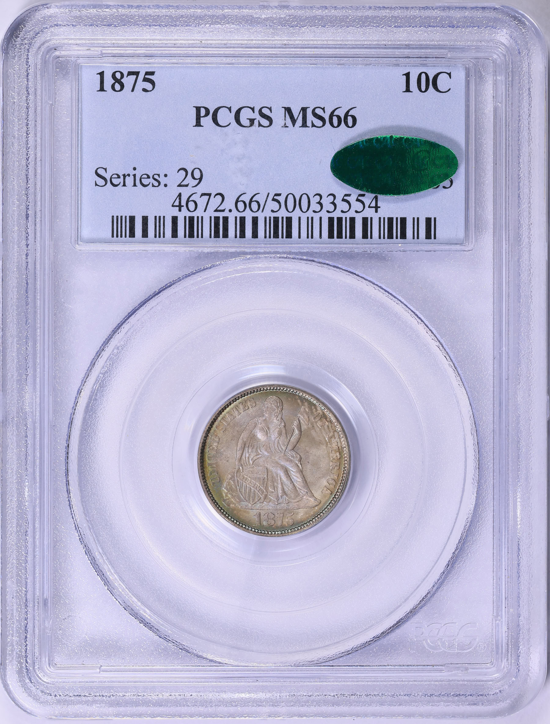1875 Seated Liberty Dime PCGS MS-66 (CAC Green) (Toned) (Item 1906176 ...