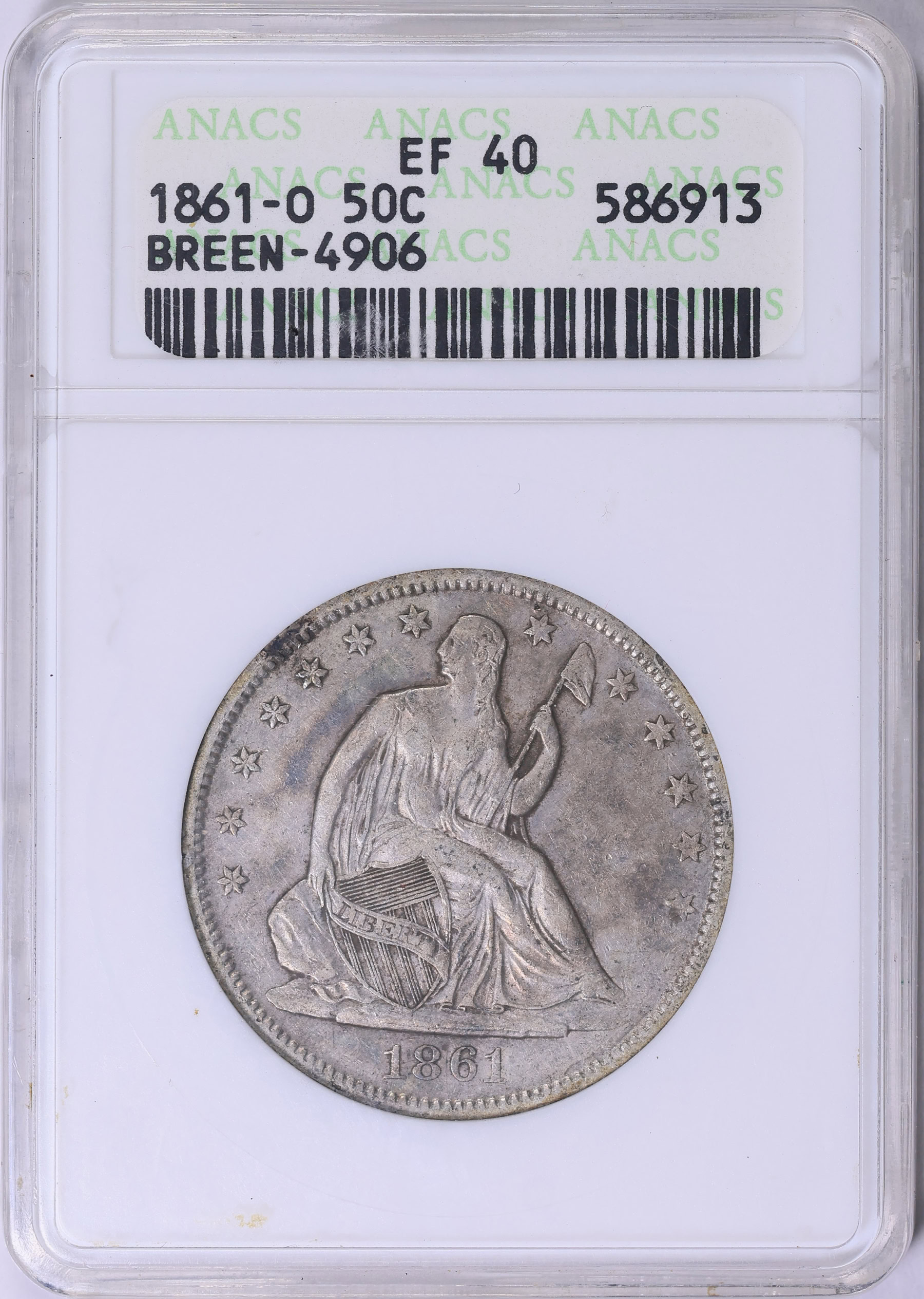 1861-O Seated Liberty Half Dollar Breen-4906 ANACS XF-40 OH (Toned) (Item 1906178 ...